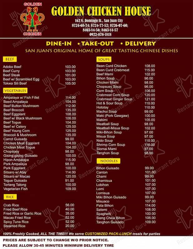 Menu at Golden Chicken House restaurant, San Juan