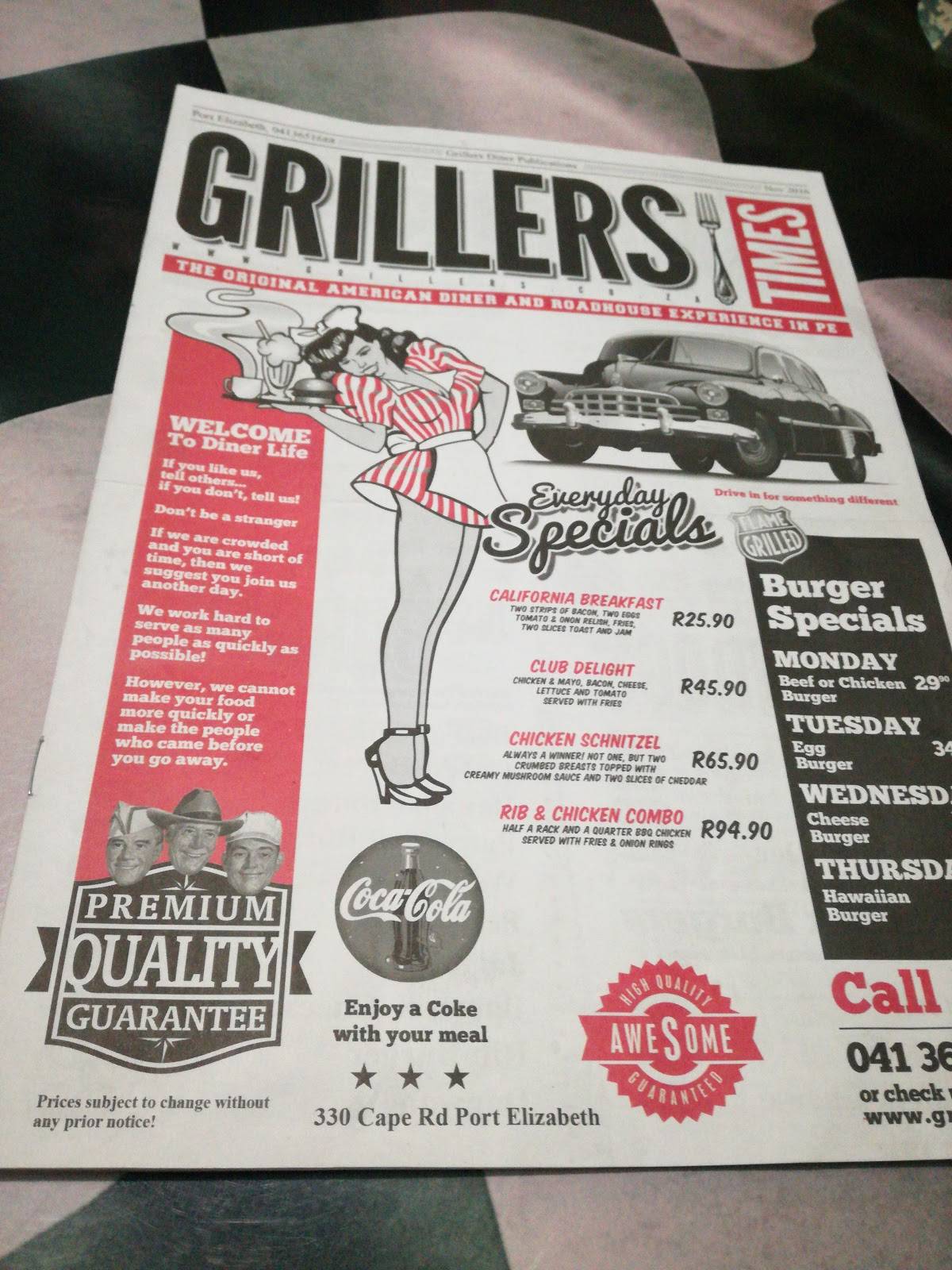 Menu at Grillers restaurant, Port Elizabeth