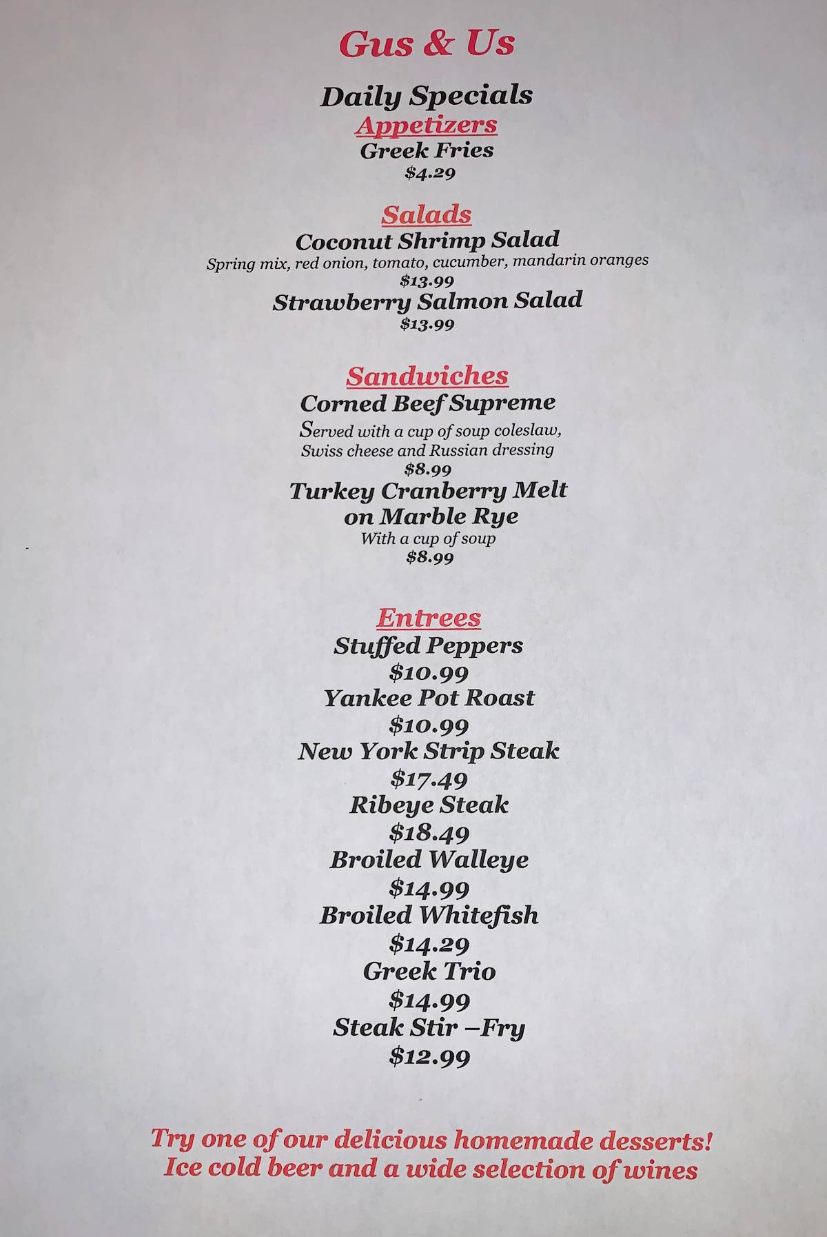 Menu at Gus & Us Grill restaurant, Allen Park