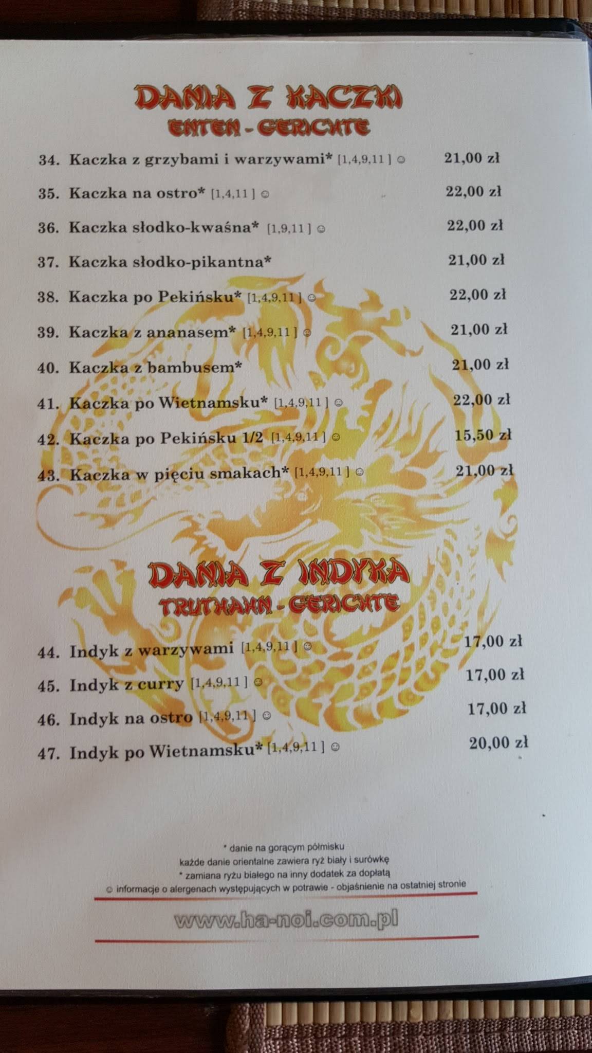 Menu at Ha-Noi restaurant, Boleslawiec