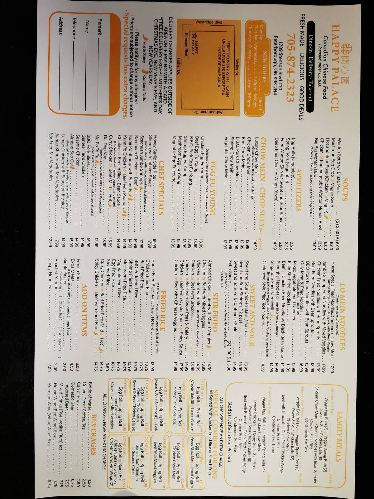 Menu at Happy Palace Chinese And Canadian Restaurant, Peterborough