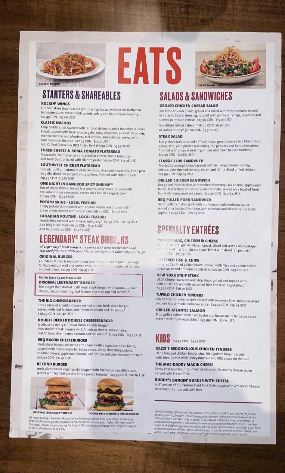 Menu at Hard Rock Cafe, Niagara Falls, Falls Ave
