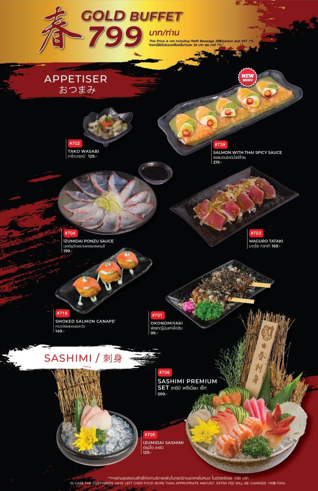 Menu at Haru Japanese buffet restaurant, Pattaya City