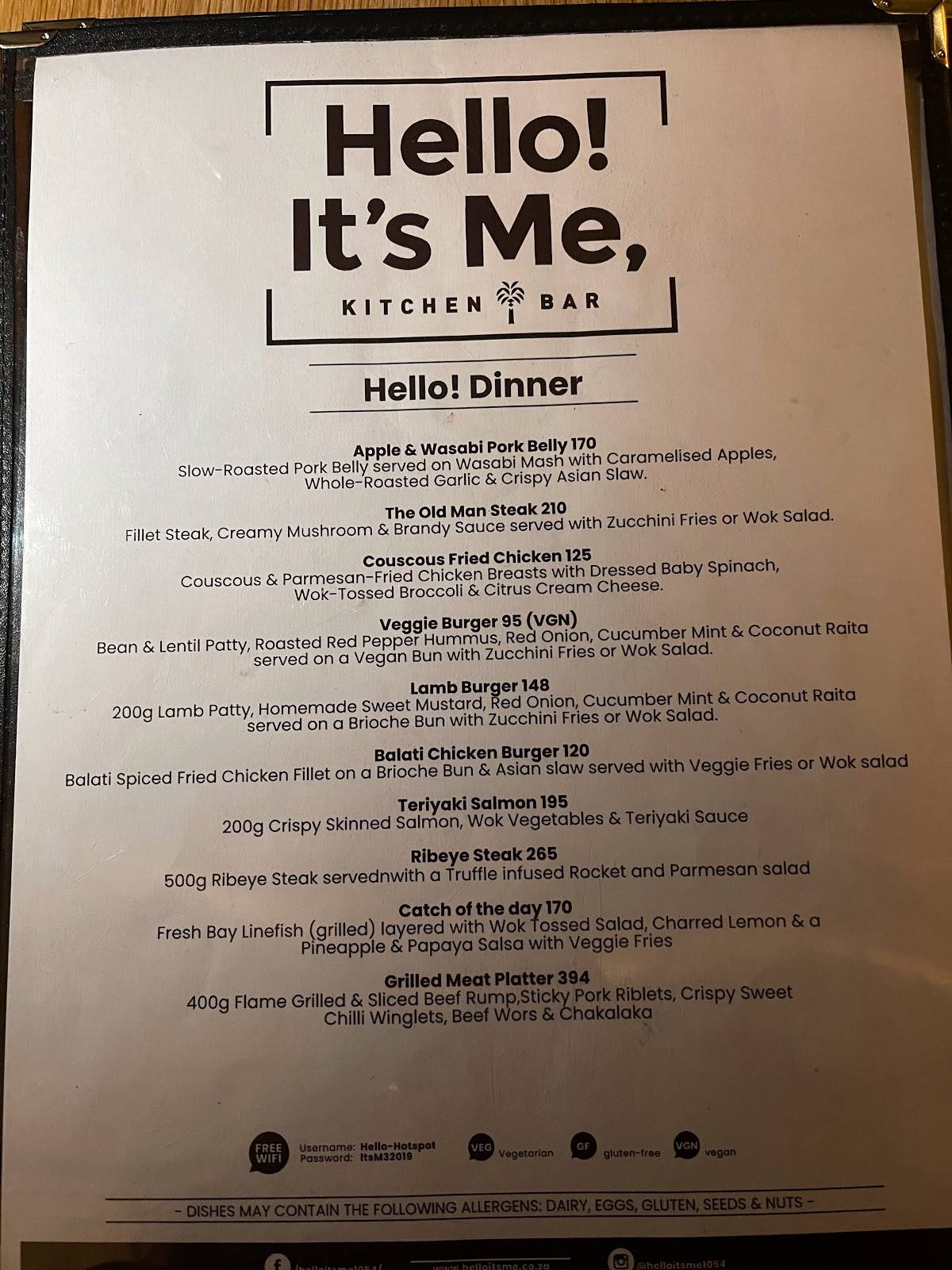 Speisekarte von Hello It's Me Kitchen Bar, Südafrika, Boardwalk Mall