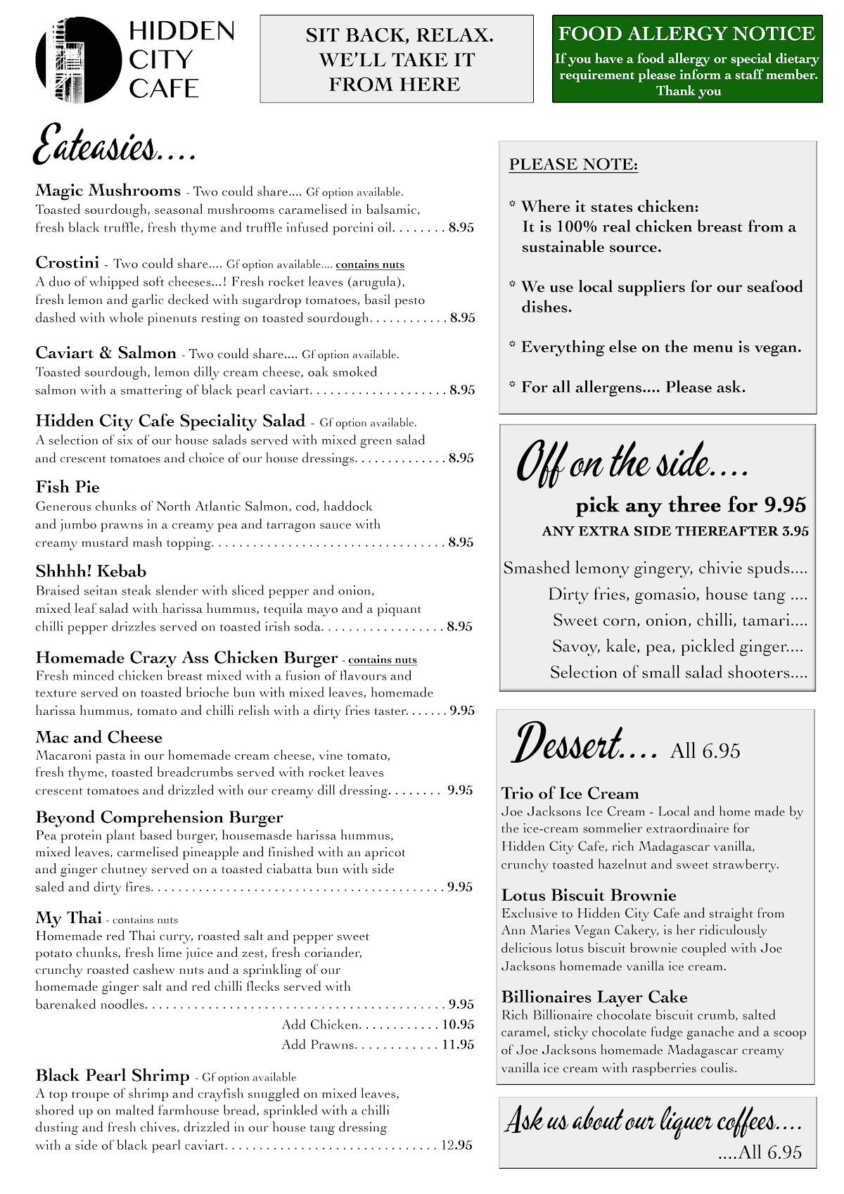 Menu at Hidden City Cafe, Londonderry