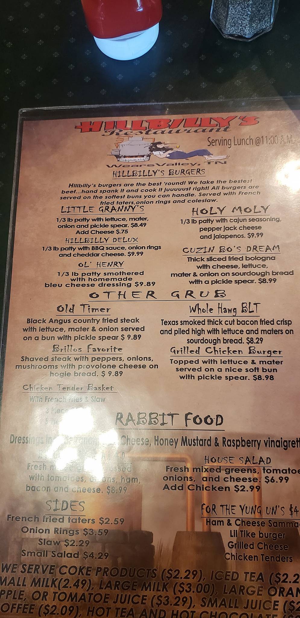 Menu at Hillbilly's Restaurant, Pigeon Forge, Wears Valley Rd