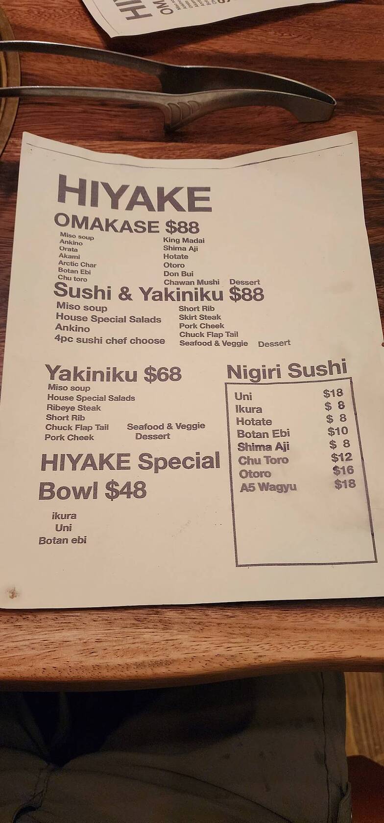 Menu at Gyu-Ichiro Japanese BBQ, New York City