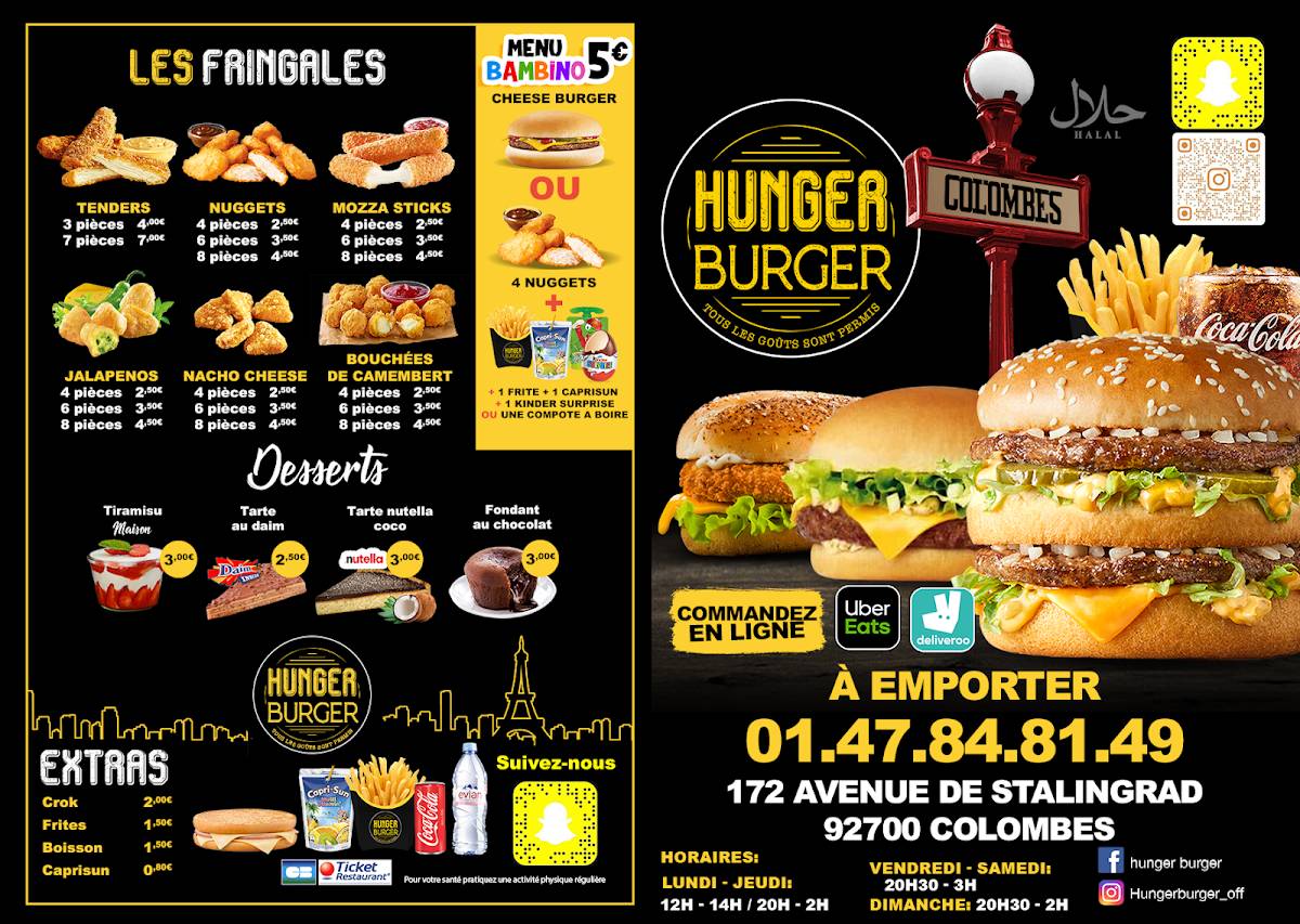 Carta del restaurante Hunger Burger, Colombes