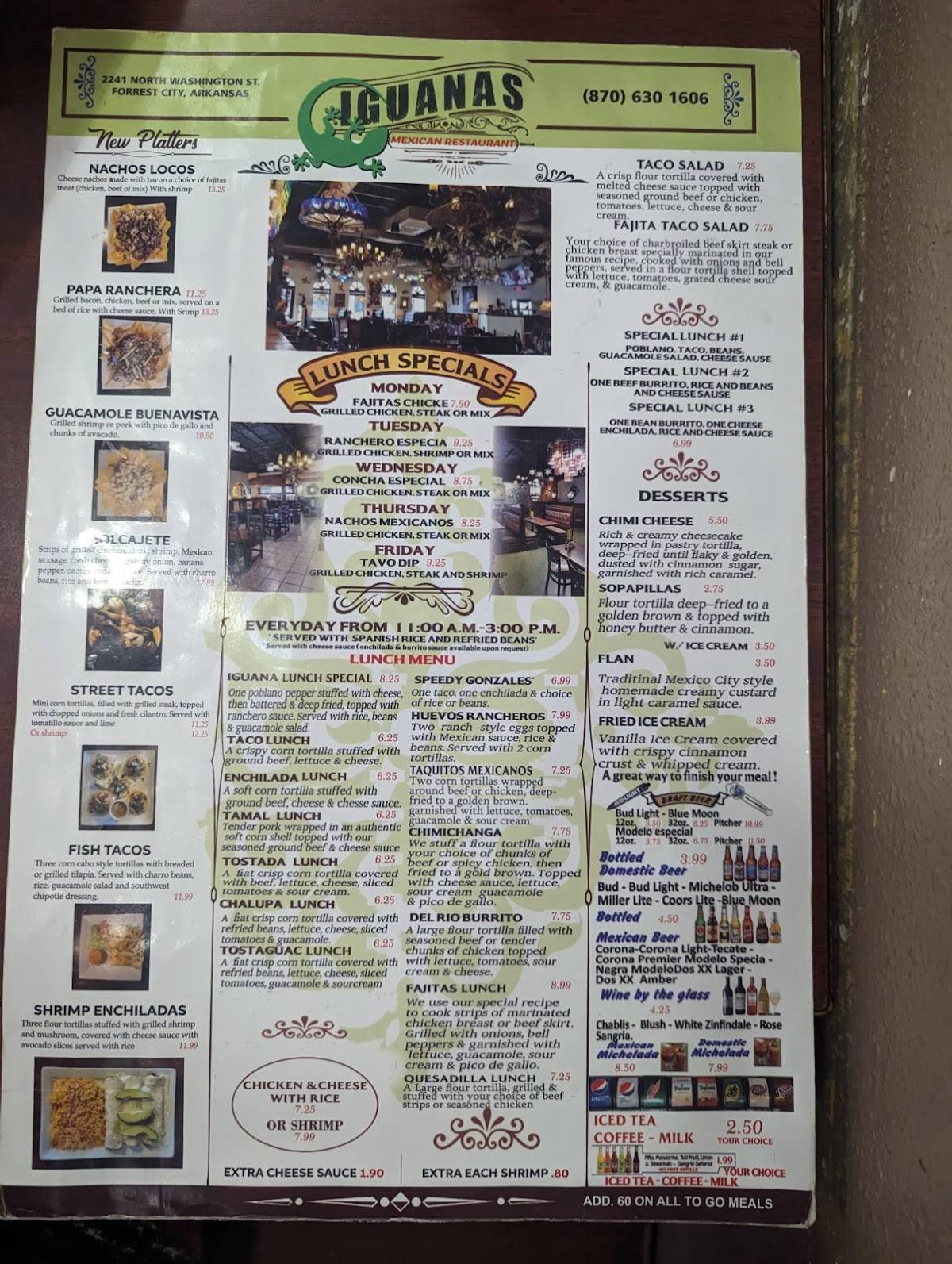 Menu at Iguanas Mexican restaurant, Forrest City