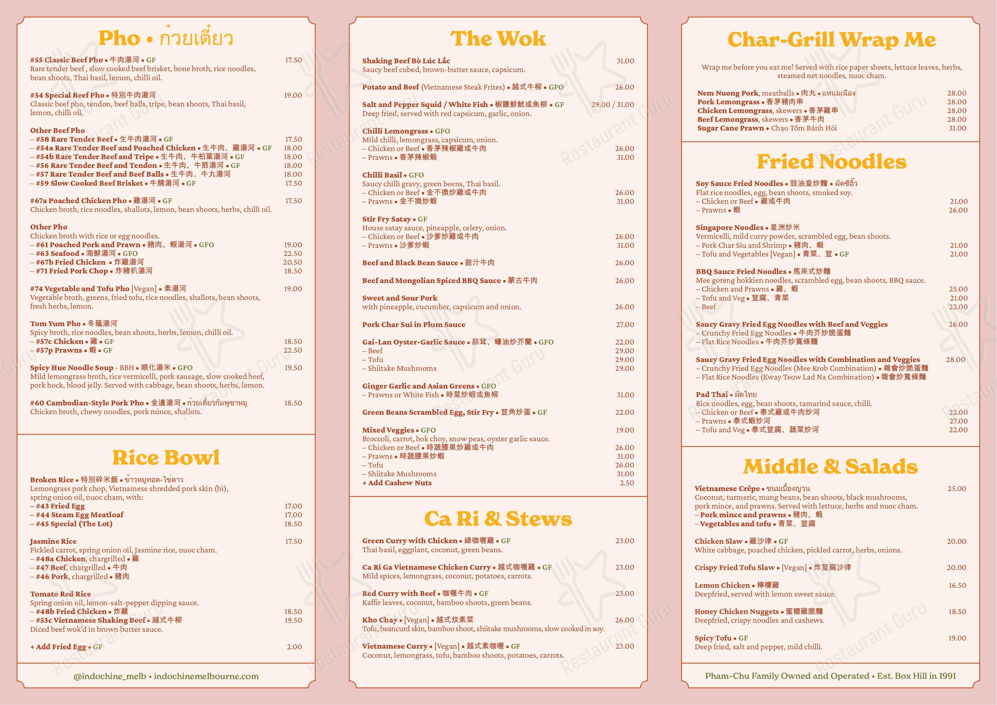 Menu at Indochine Vietnamese Restaurant, Box Hill