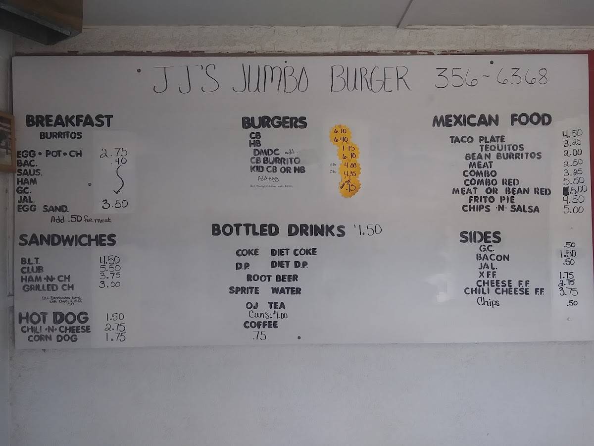 Menu at J J's Jumbo Burgers restaurant, Portales