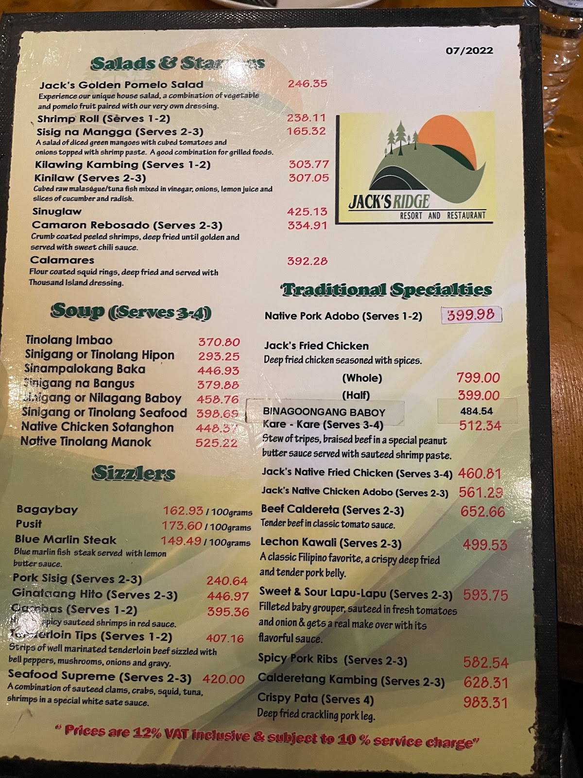Menu at Jack's Ridge restaurant, Davao City