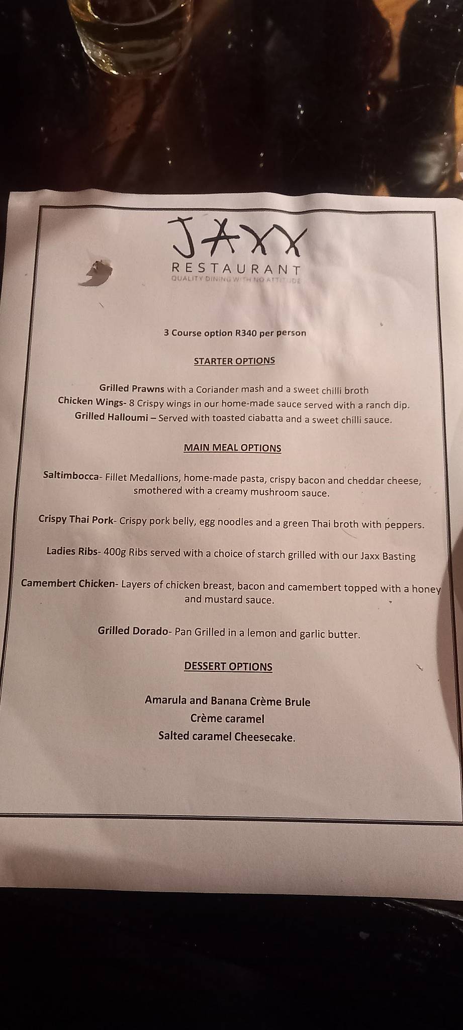 Menu at Jaxx Restaurant, Port Shepstone