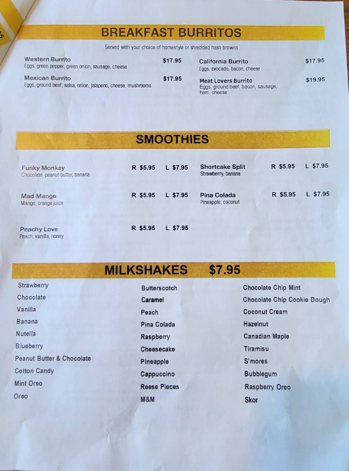 Menu at Jay Bee's Diner restaurant, Edmonton
