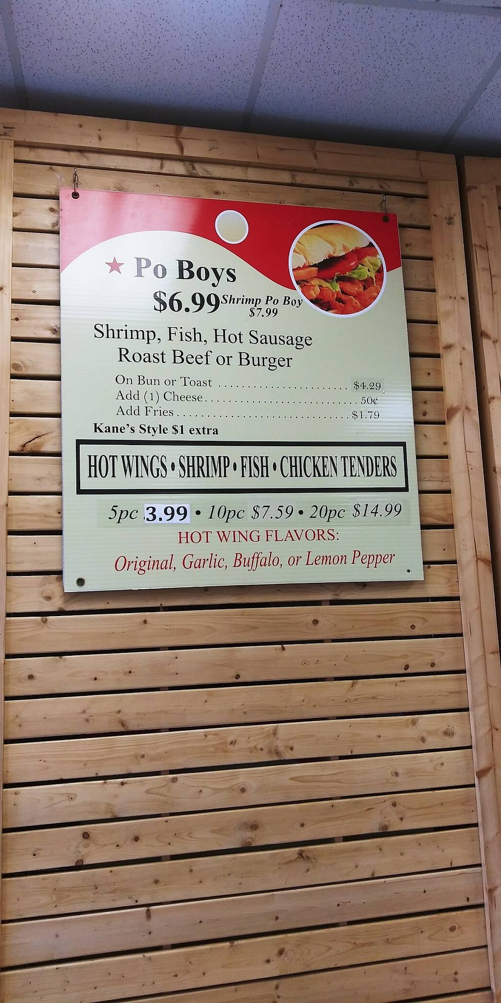 Menu at Kane's Deli restaurant, Ponchatoula