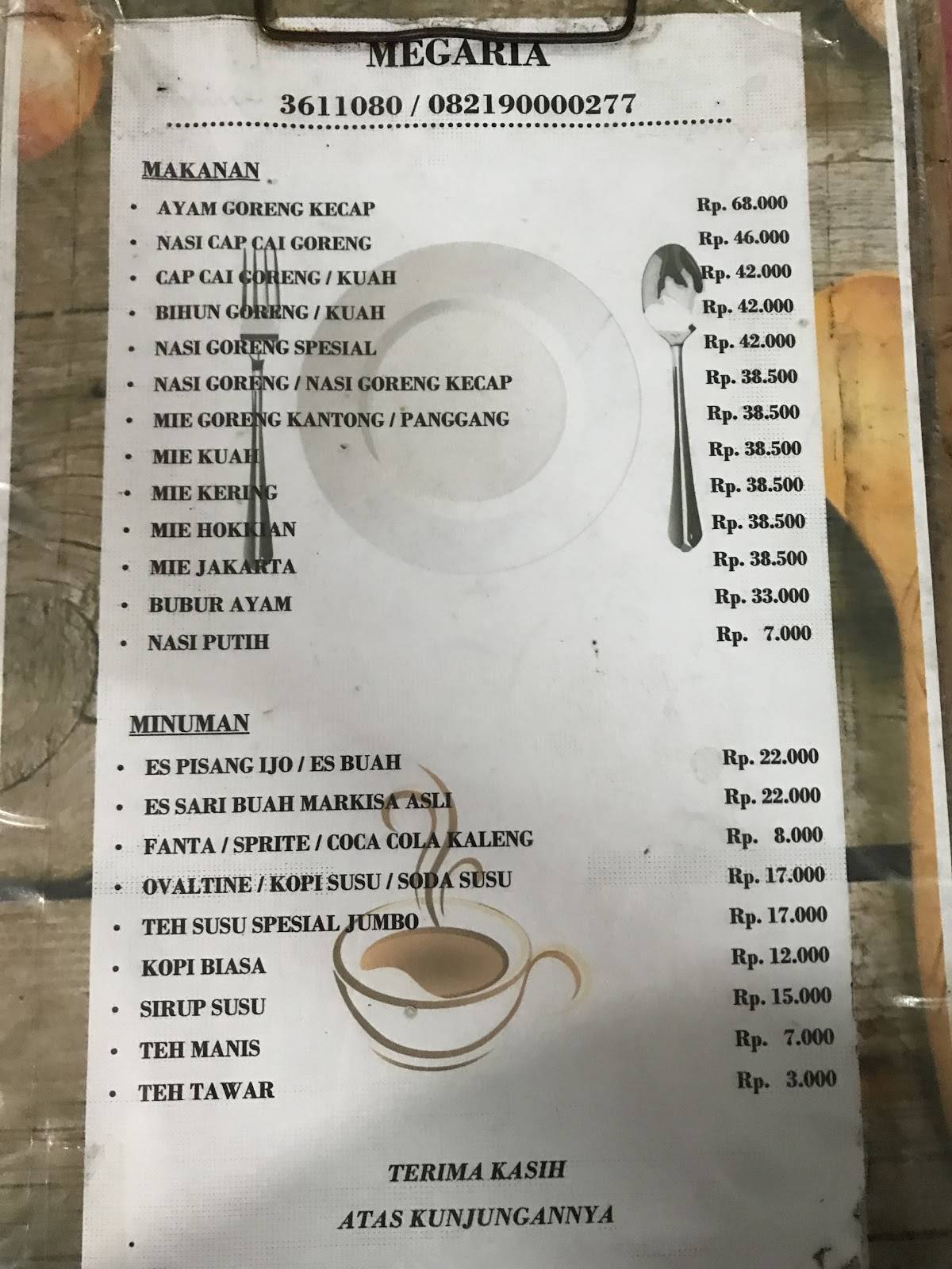 Menu at Kios Megaria restaurant, Makassar