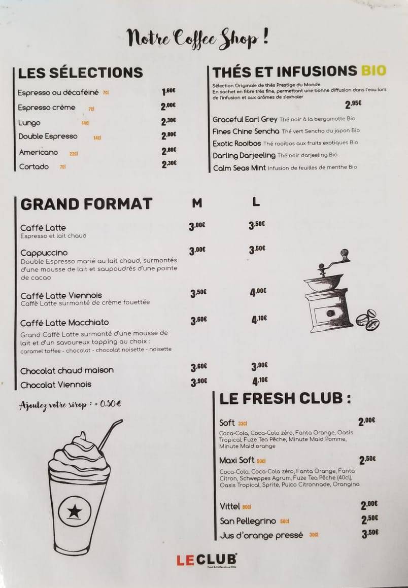 Menu au Le Club Café Lille Lillenium, Lille