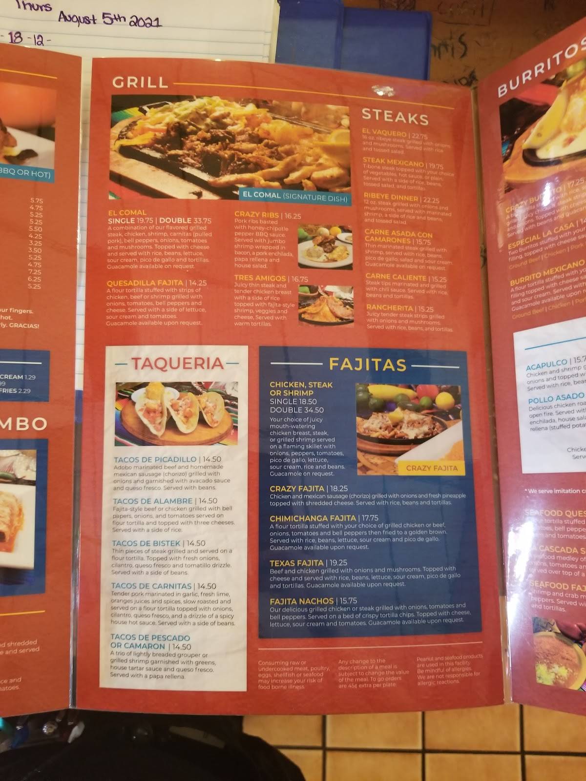Menu at La Cascada restaurant, Lancaster