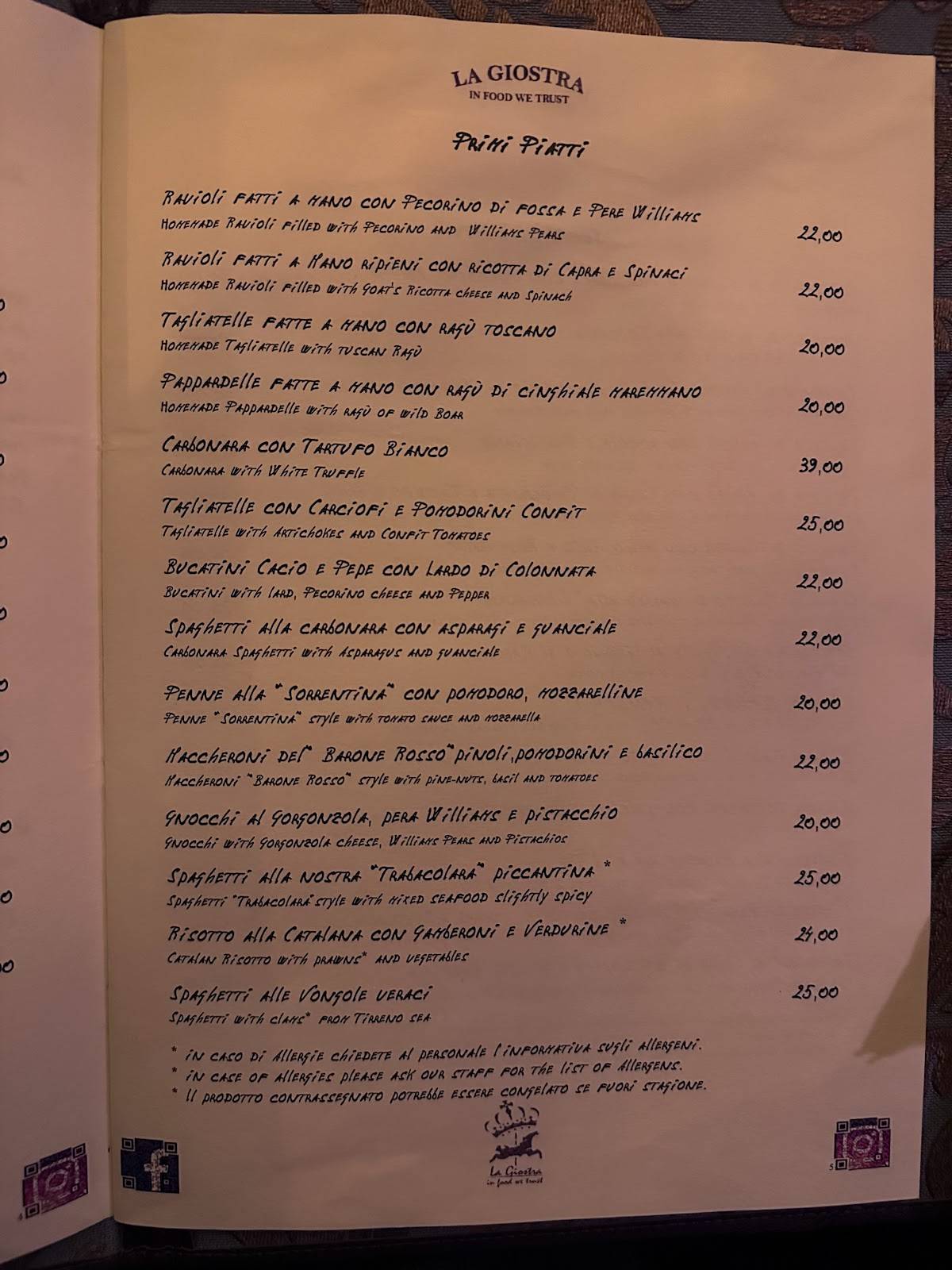 Menu at La Giostra restaurant, Florence, Borgo Pinti