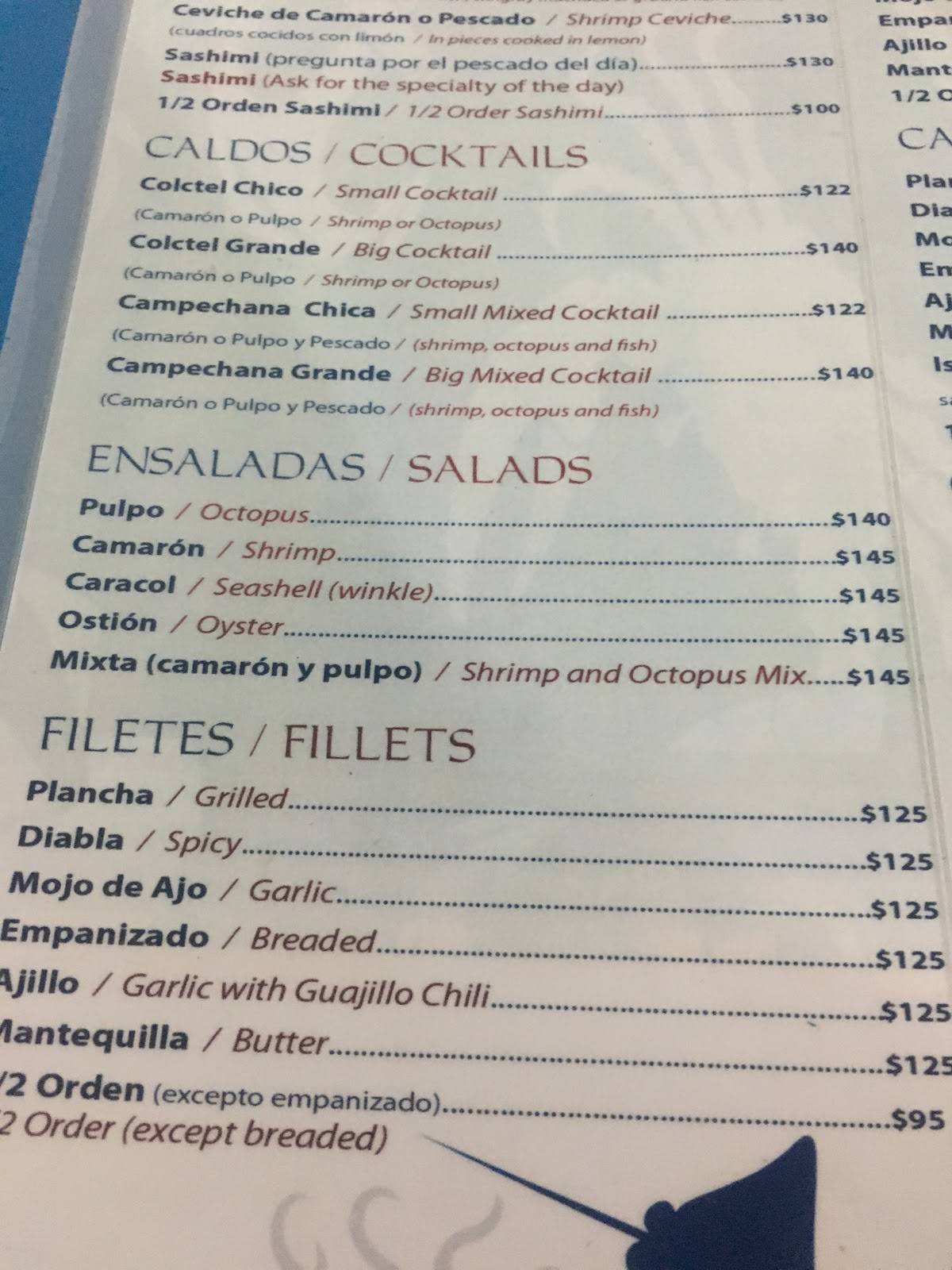 Menu at La Isla de Marin's Seafood restaurant, Puerto Vallarta