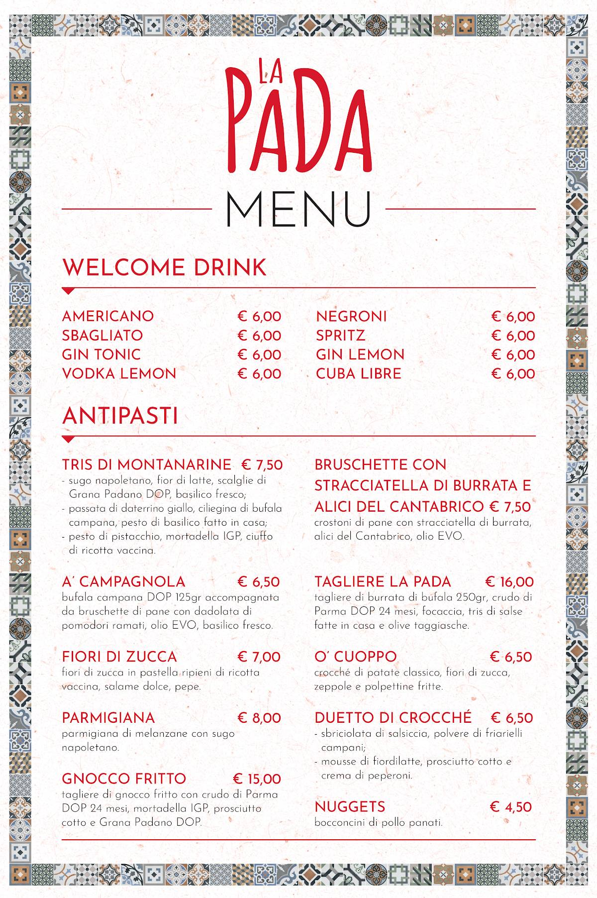 Menu da La Pada ristorante, Cermenate