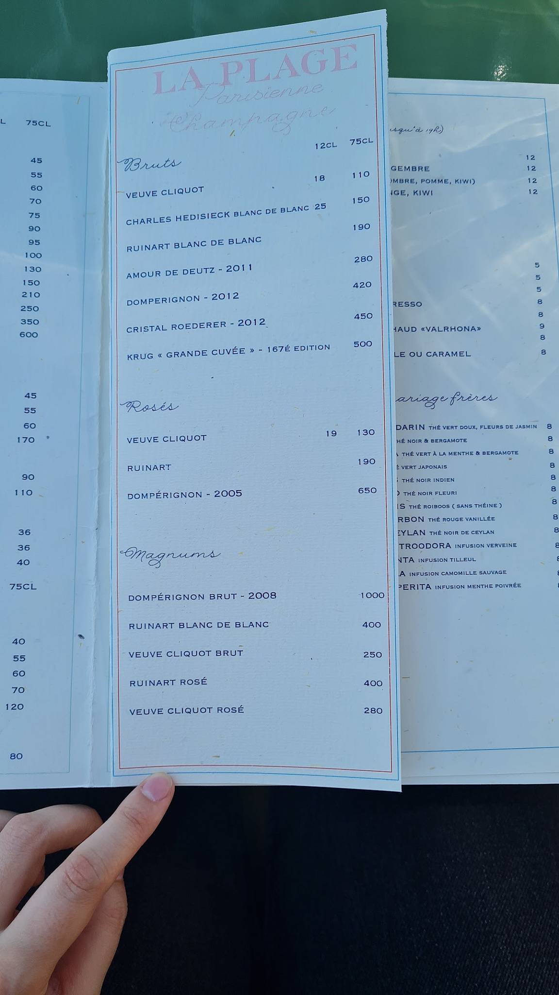 Menu au La Plage Parisienne restaurant, Paris, Port de Javel Haut