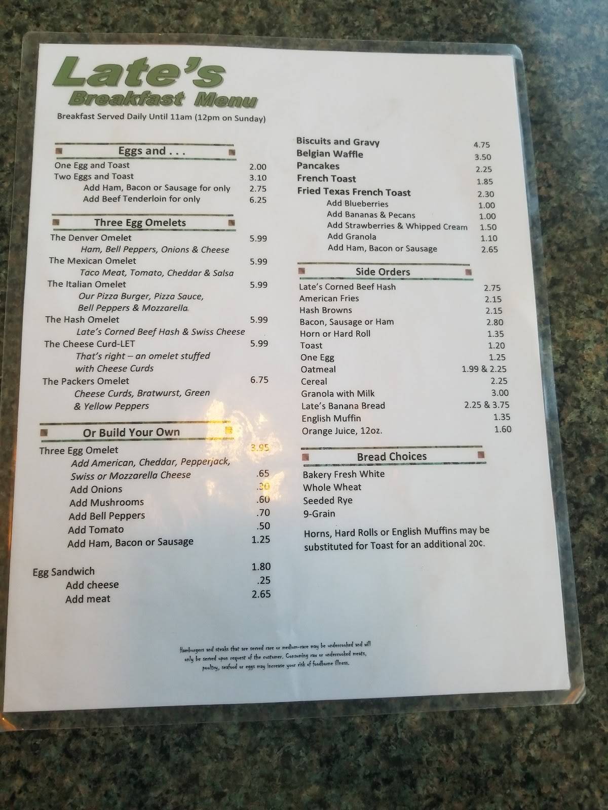 Menu at Late's restaurant, Manitowoc