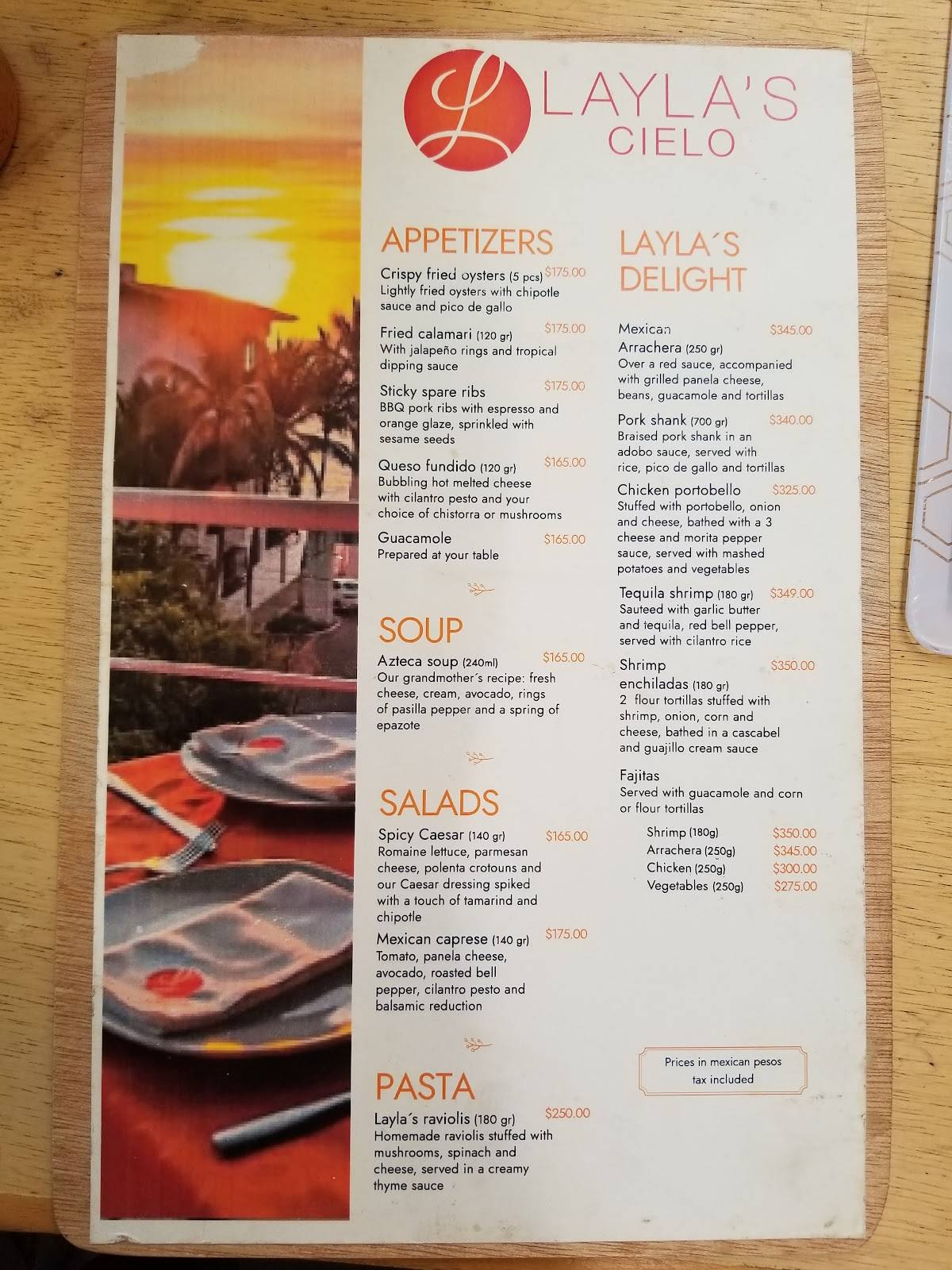 Menu at Layla's Restaurante, Puerto Vallarta