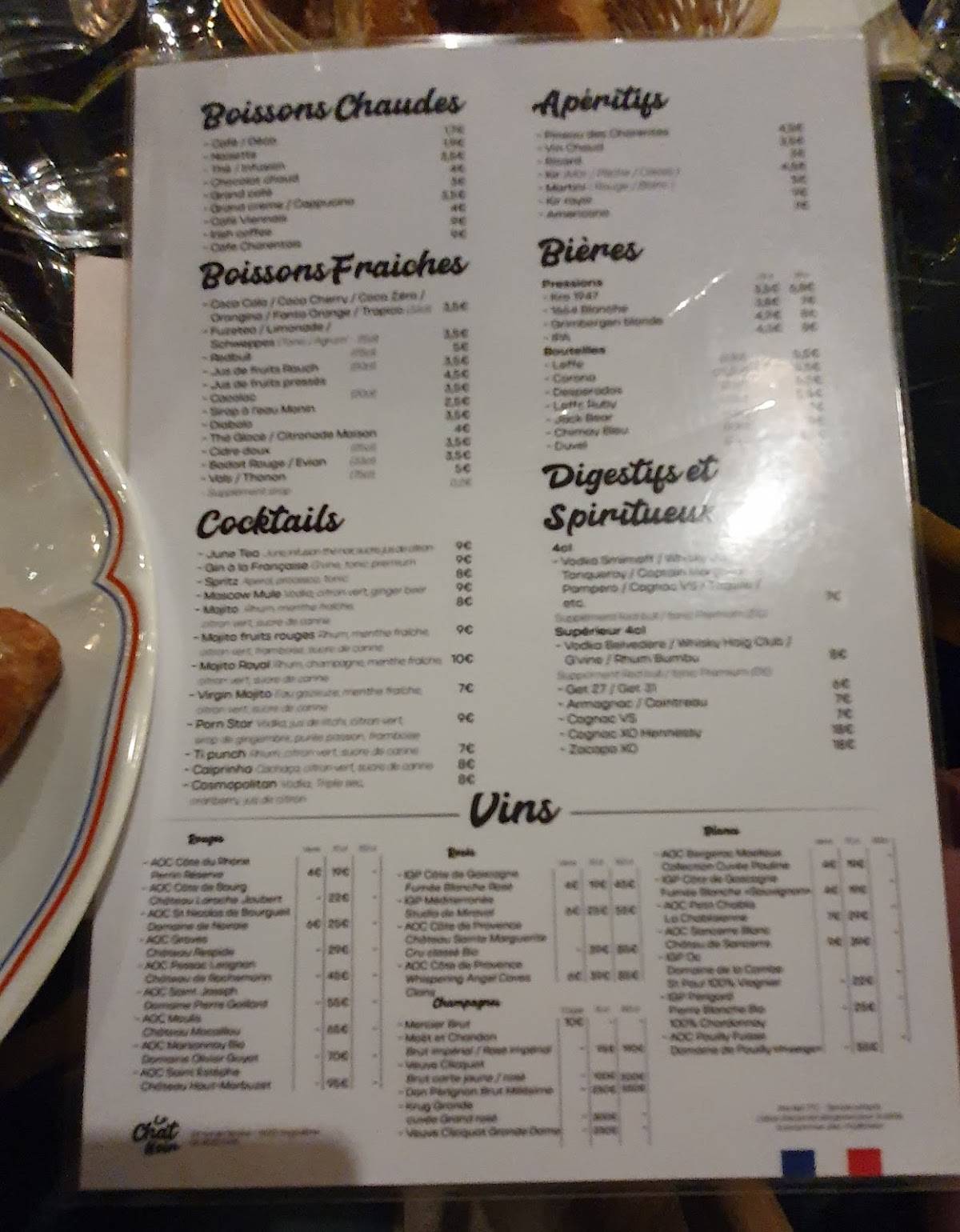 Menu au Le Chat Noir restaurant, Angoulême