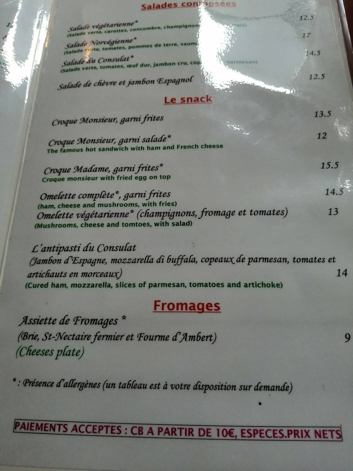 Menu at Le Consulat restaurant, Paris, 18 Rue Norvins