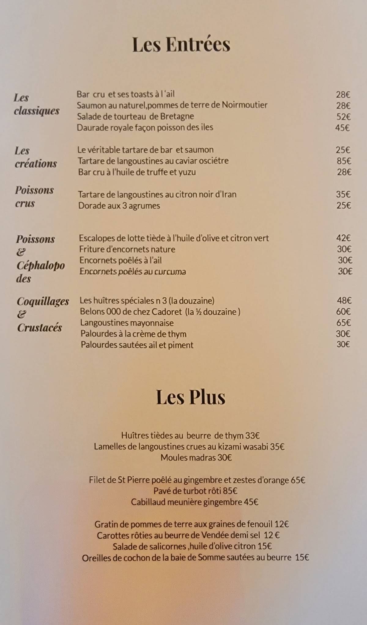 Menu au Le Duc restaurant, Paris, 243 Bd Raspail