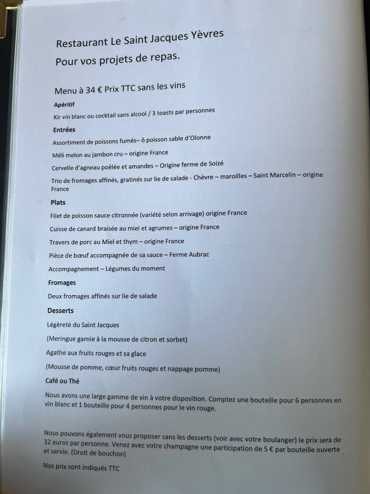 Menu au Le Saint-Jacques restaurant, Yèvres