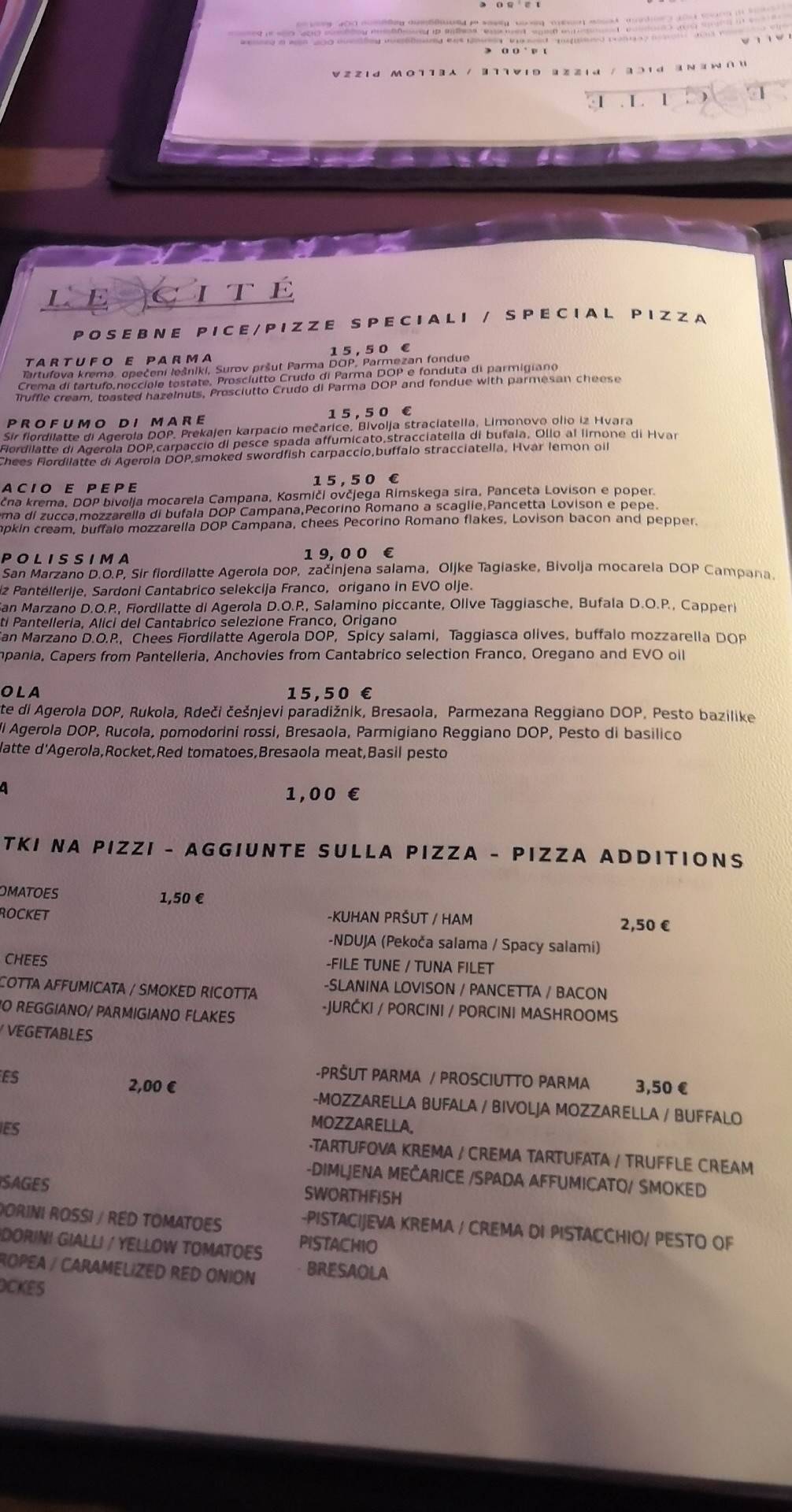 Menu at Le citè restaurant, Nova Gorica