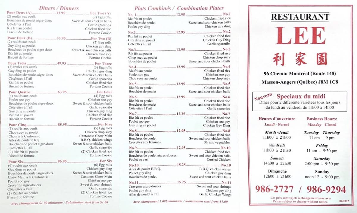 Menu au Restaurant Lee, Gatineau