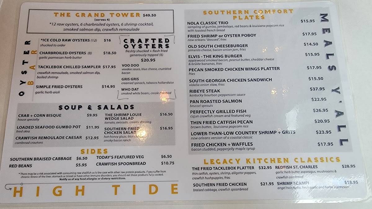 Menu at Legacy Kitchen's Tacklebox restaurant, New Orleans