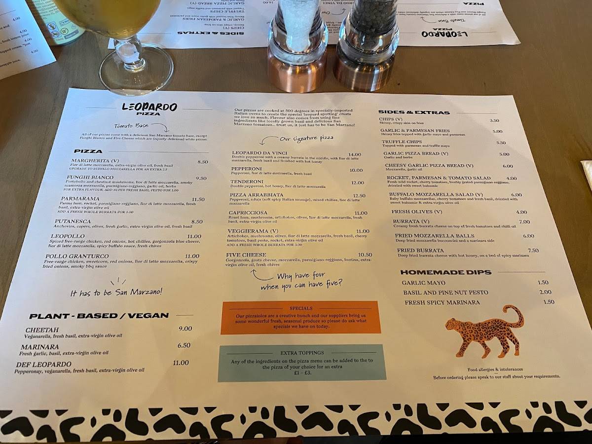 Menu at Leopardo Pizza restaurant, Glasgow