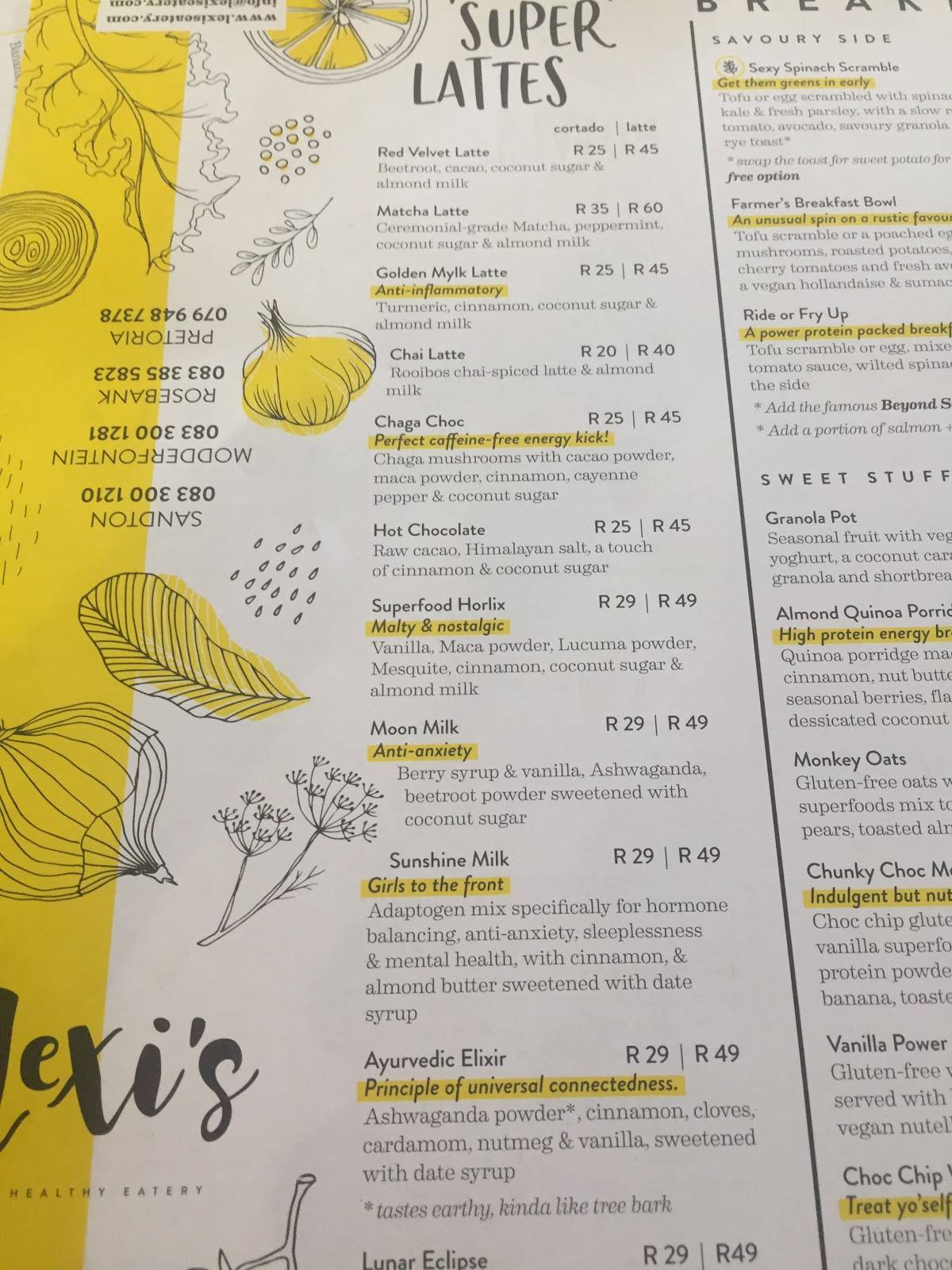 Menu at Lexi's Healthy Eatery restaurant, Pretoria