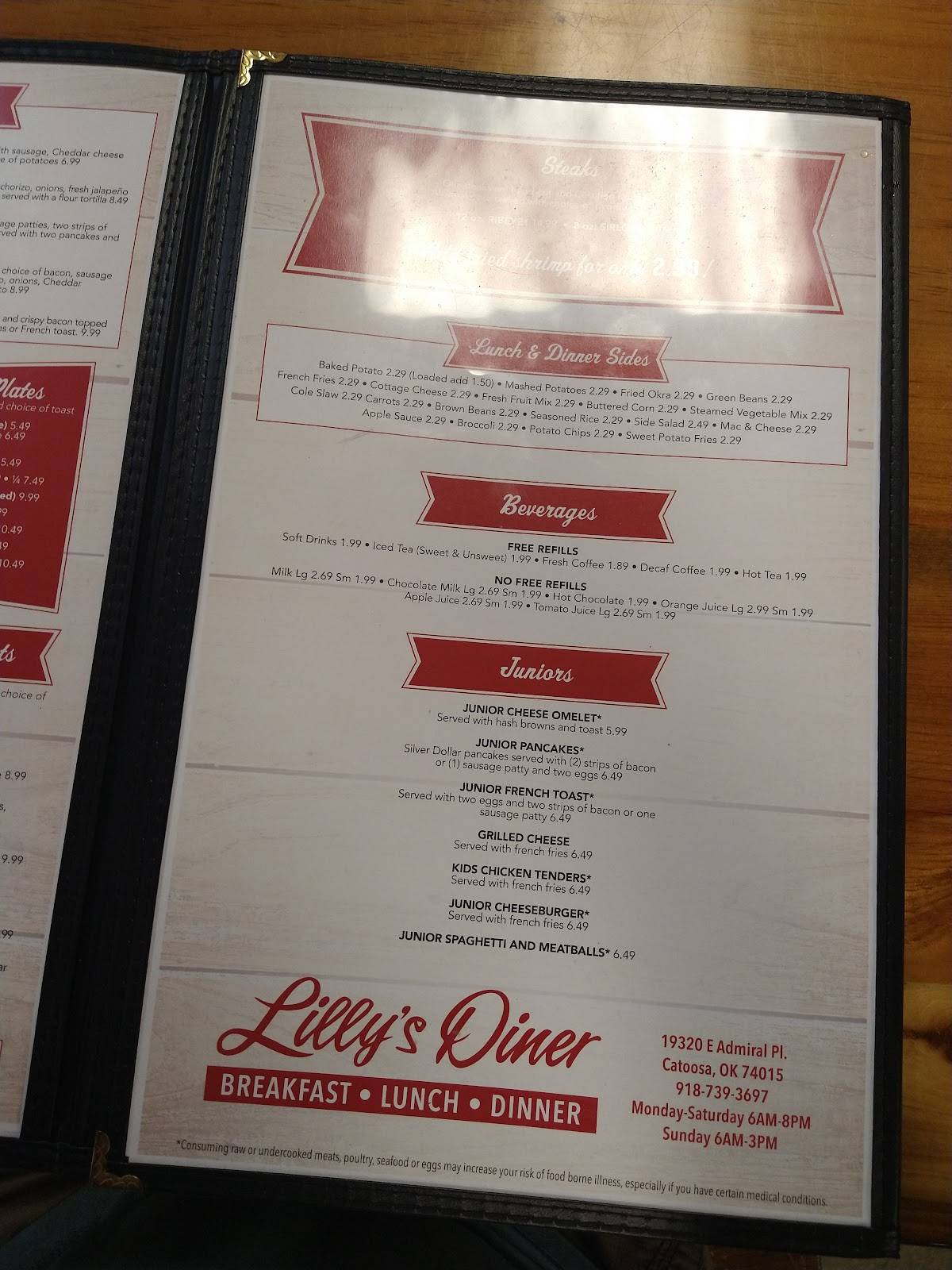 Menu at Lilly's Diner restaurant, Tulsa