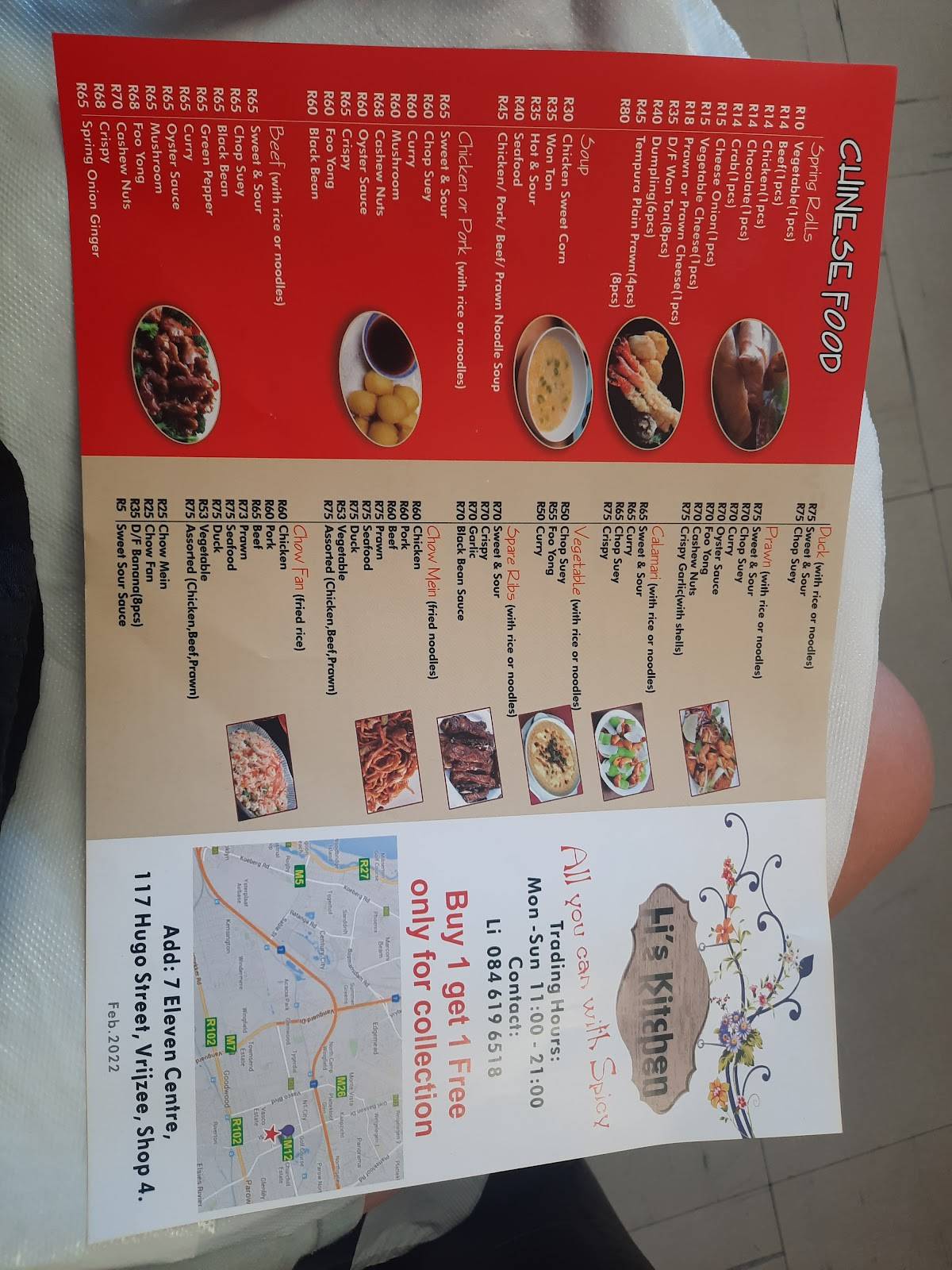 Menu at Li's Kitchen restaurant, Cape Town