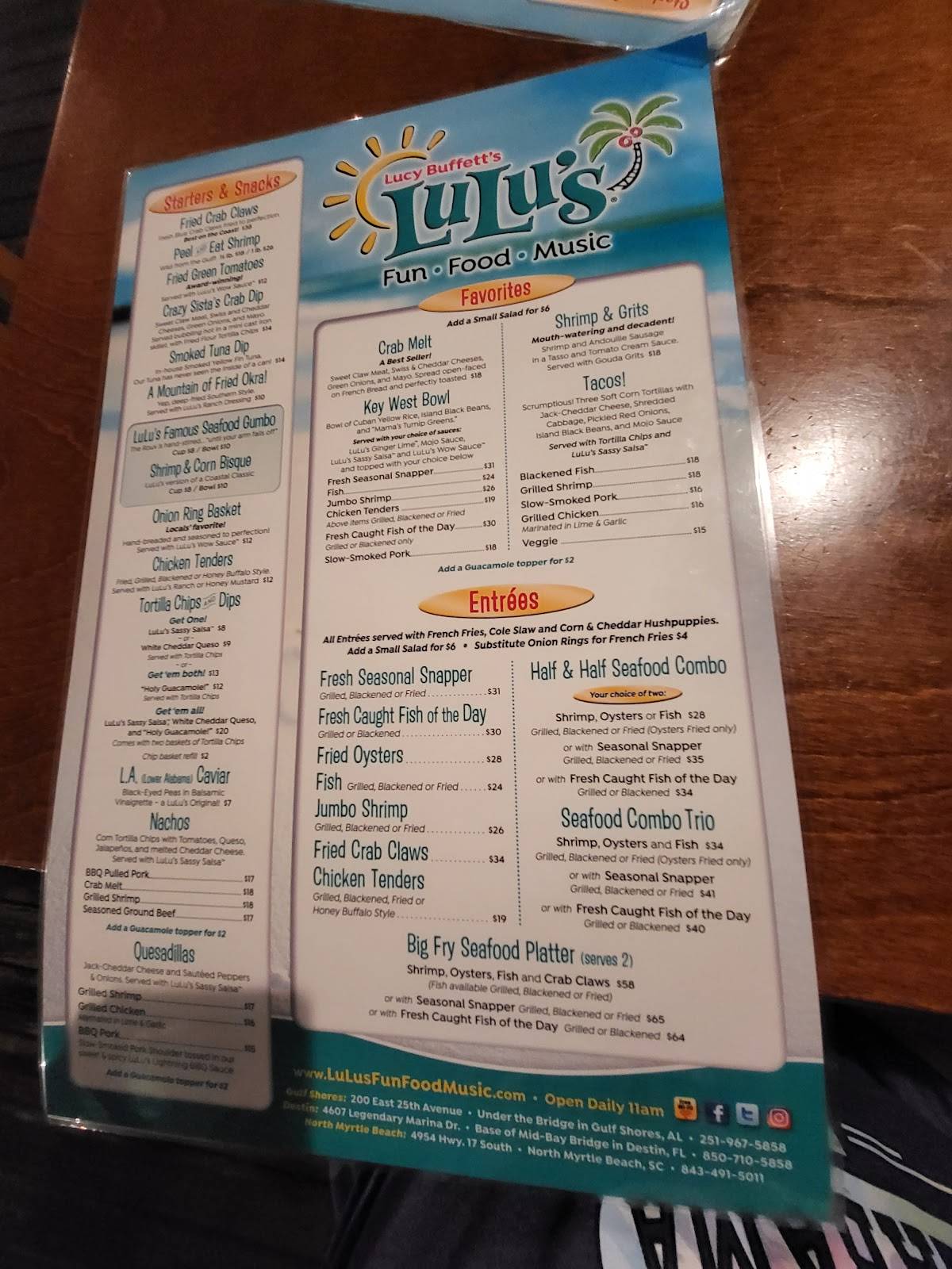 Menu at LuLu's Gulf Shores restaurant, Gulf Shores