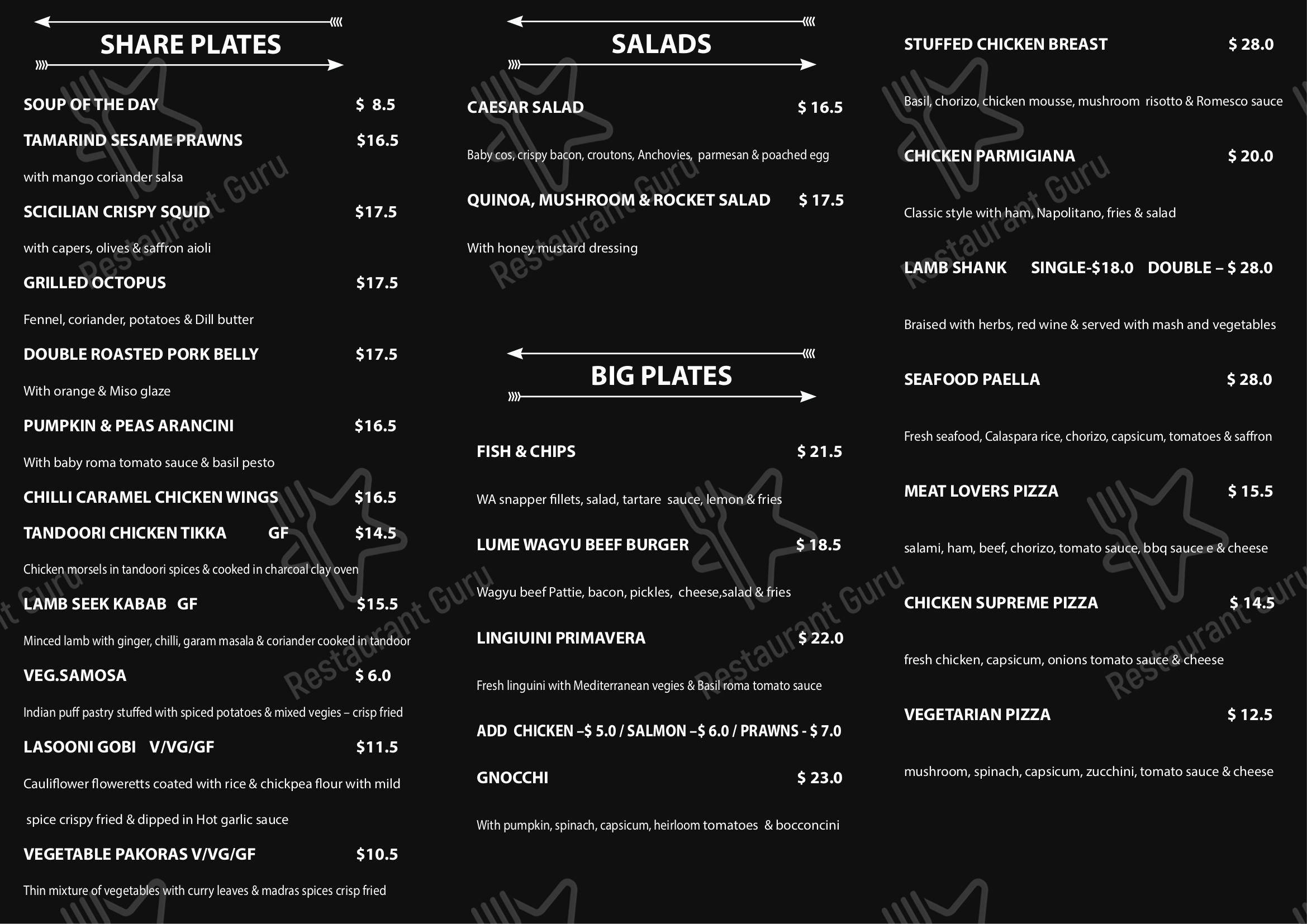 Menu at Lume Bar and Bistro, Northam
