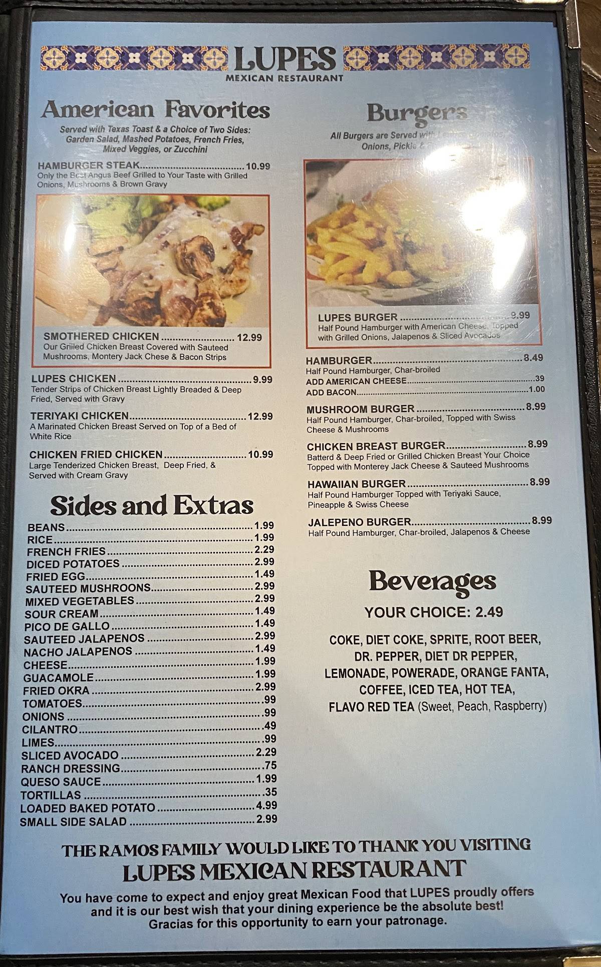 Menu at Lupes Mexican restaurant, Elk City