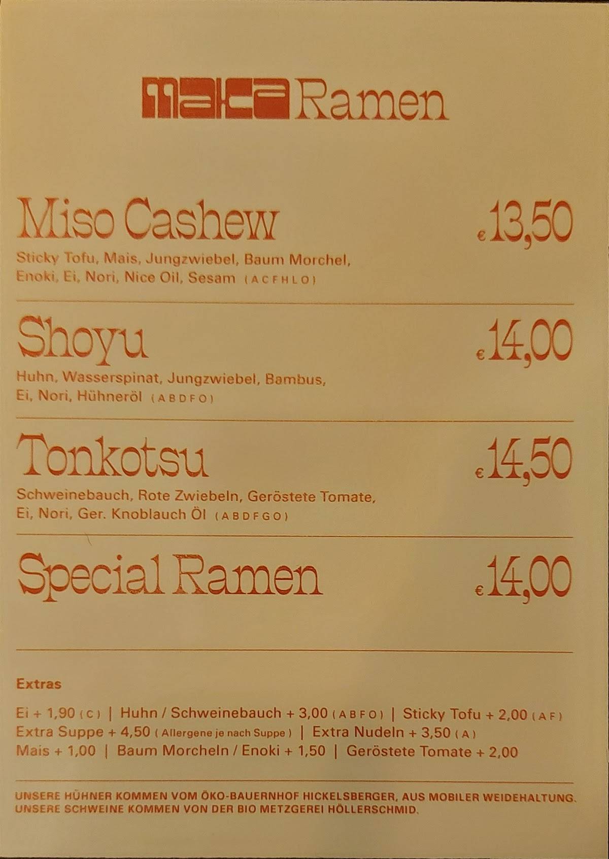 Menu at MAKA Ramen restaurant, Vienna