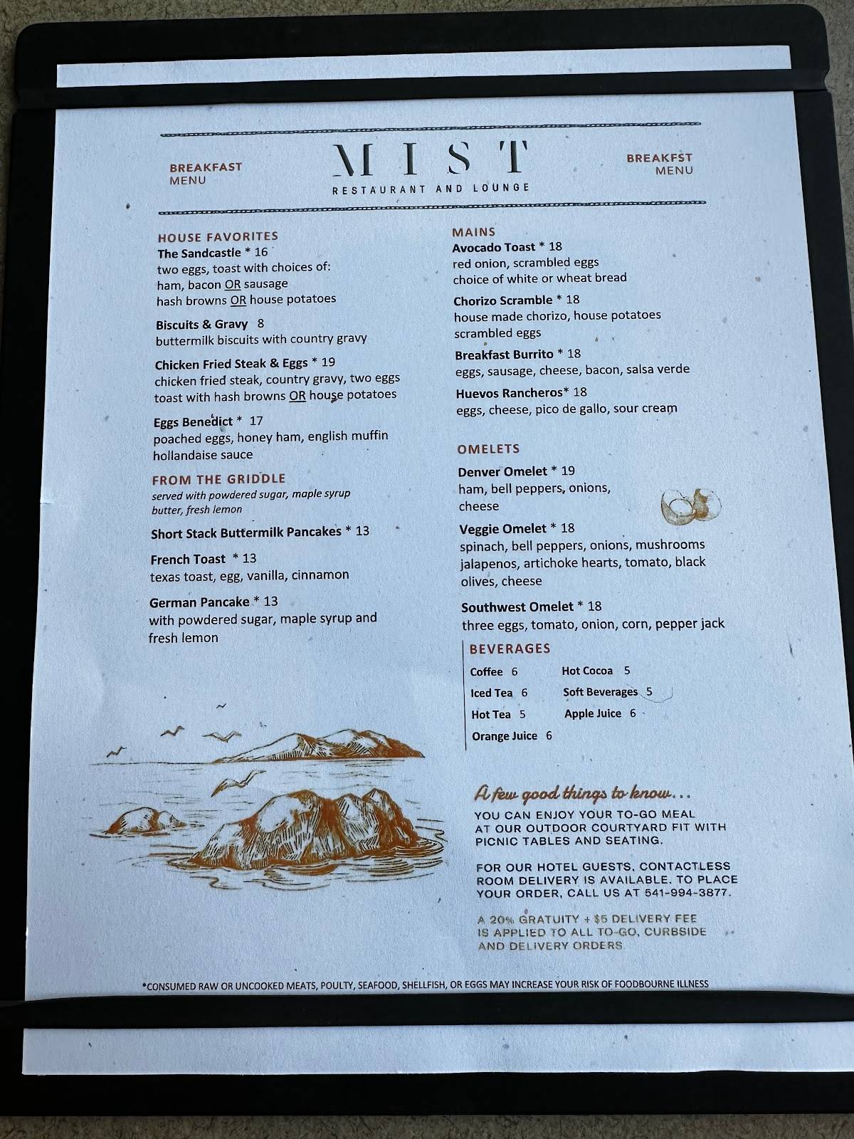 Menu at MIST Restaurant & Lounge, Lincoln City