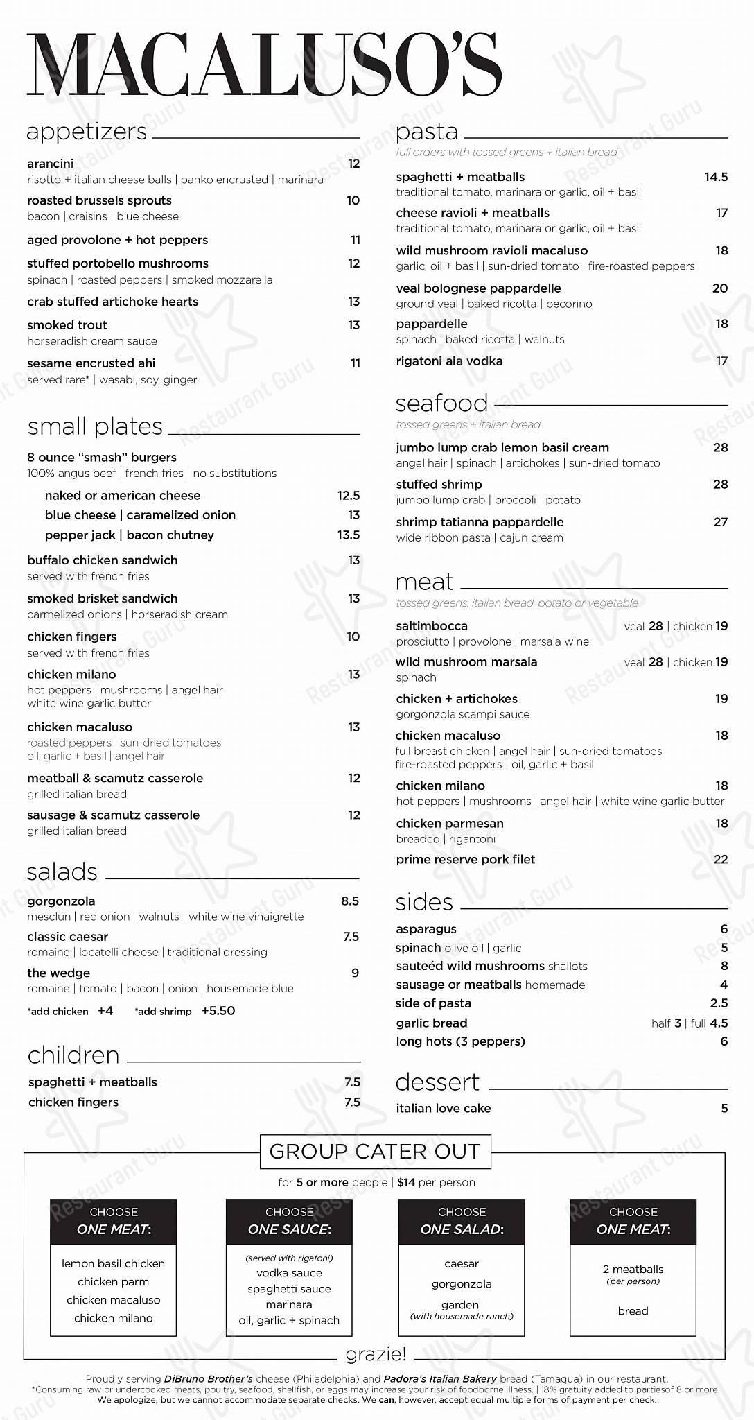Menu at Macaluso's restaurant, Nesquehoning