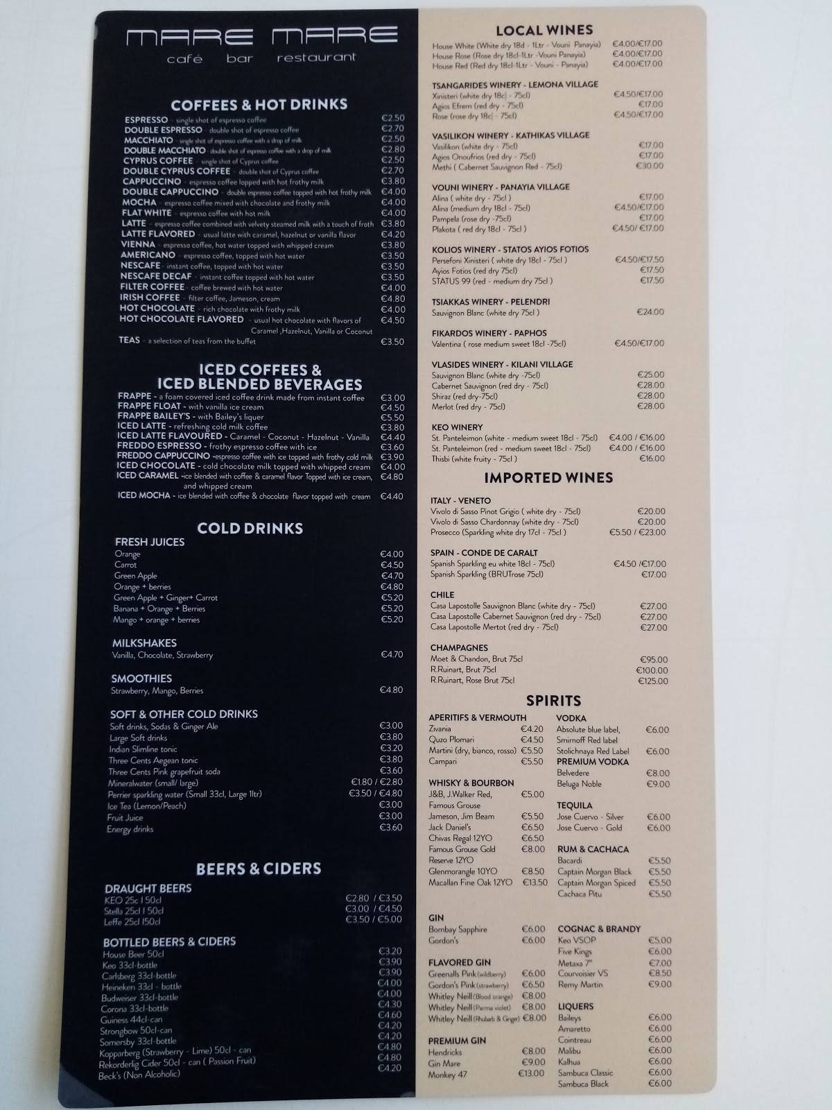 Menu at Mare - Mare, Paphos