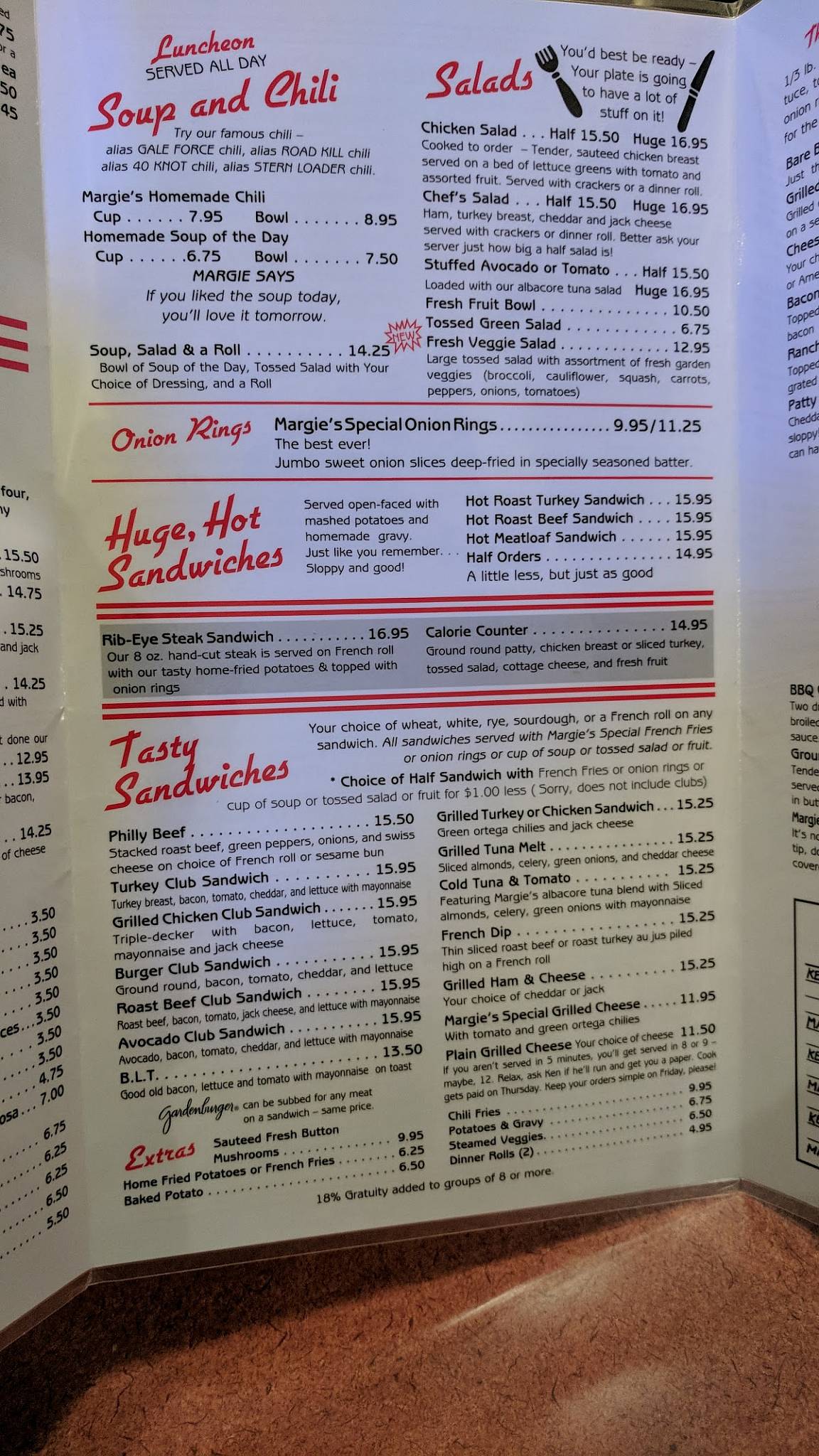 Menu at Margie's Diner restaurant, Paso Robles