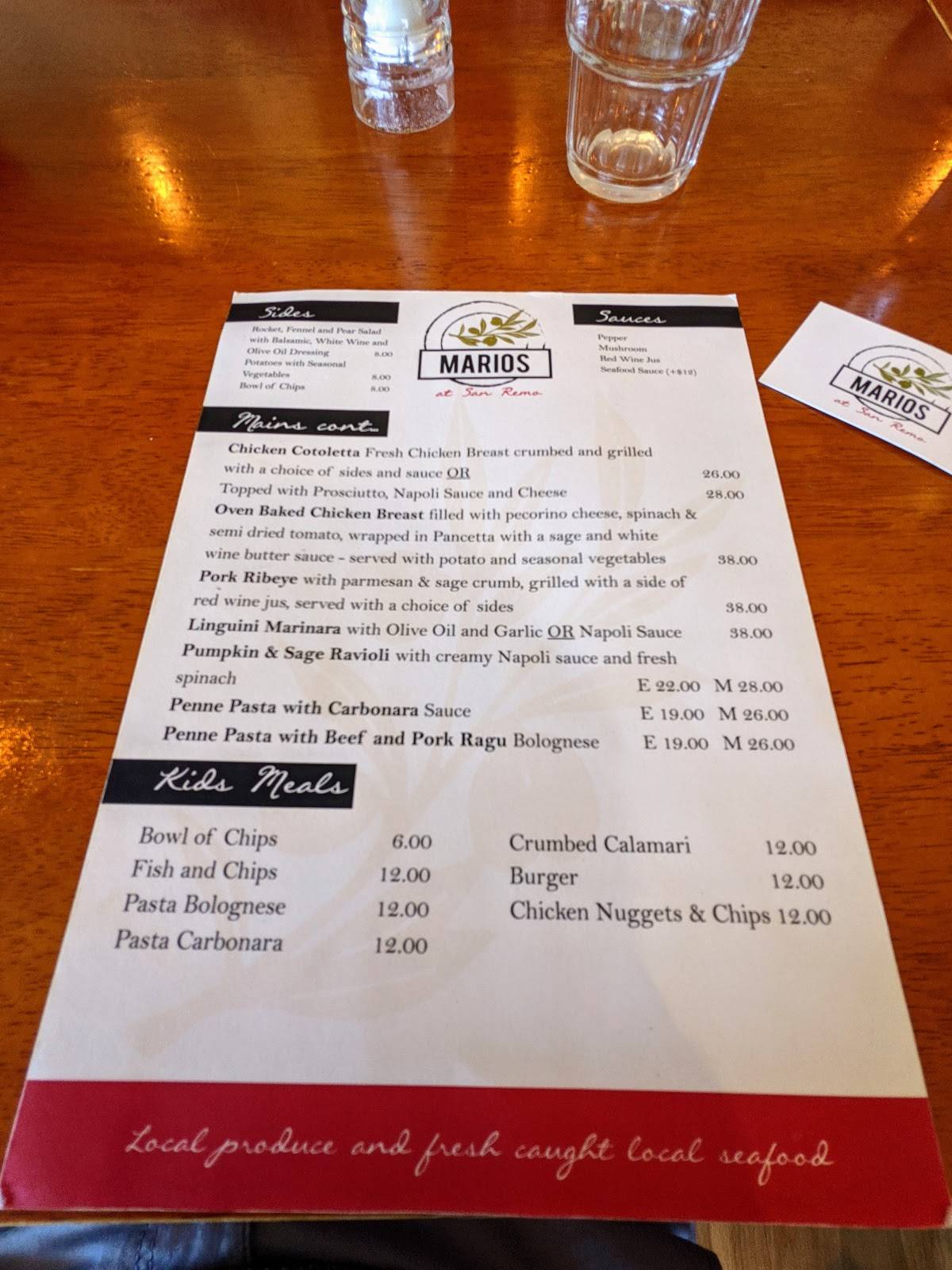 Menu at Mario's at San Remo restaurant, San Remo