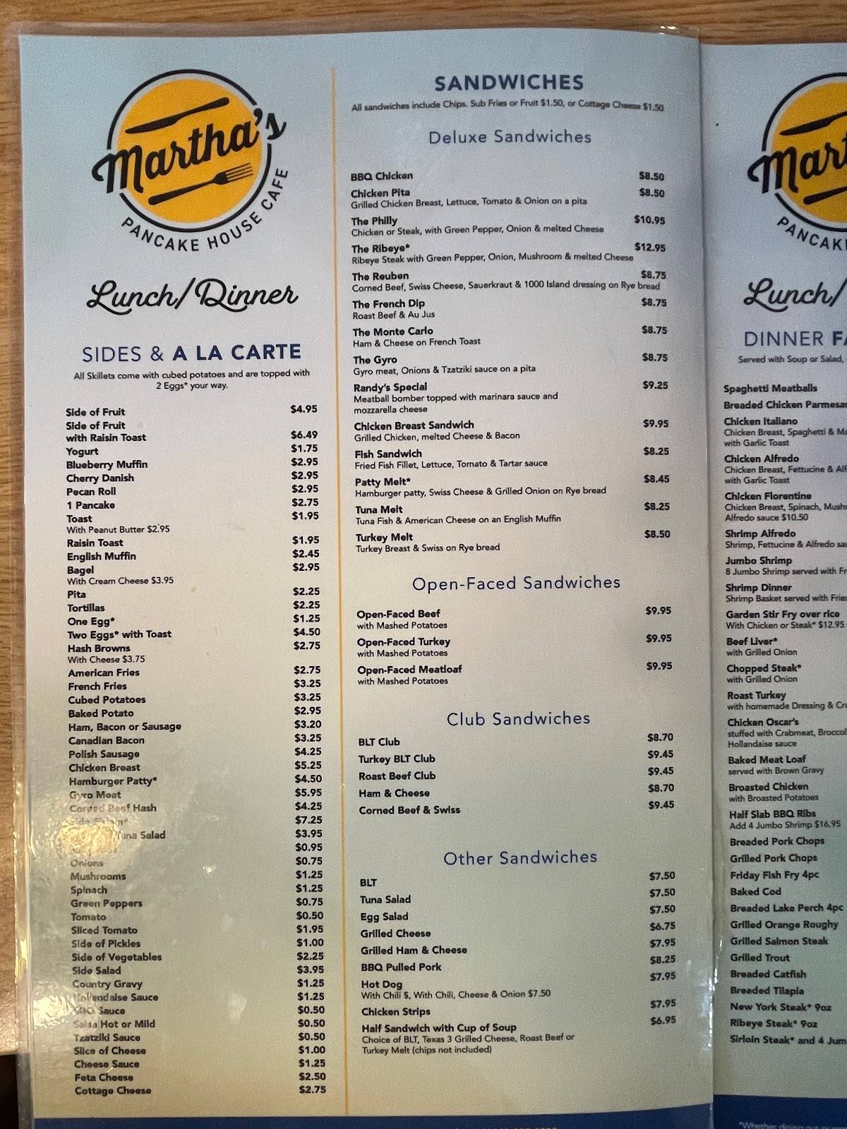 Menu at Martha's Pancake House Cafe, Racine