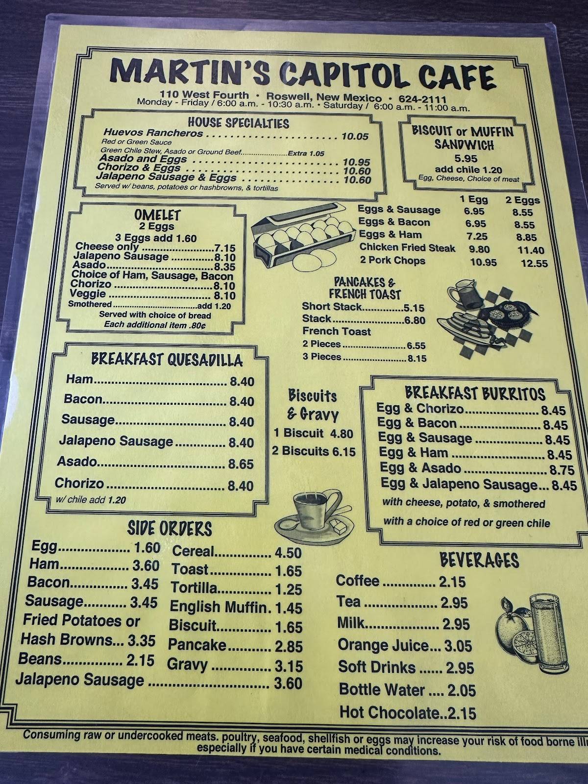 Menu at Martin's Capitol Cafe, Roswell